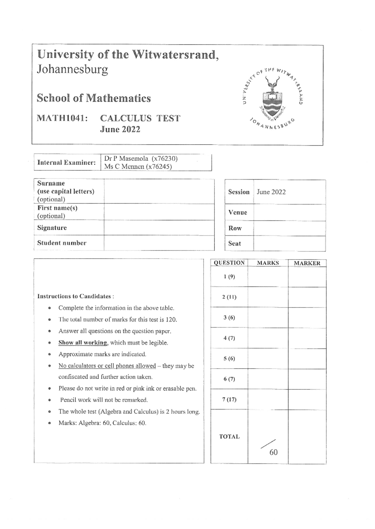 MATH1041 - Calculus - June2022 - University of the Witwatersrand ...