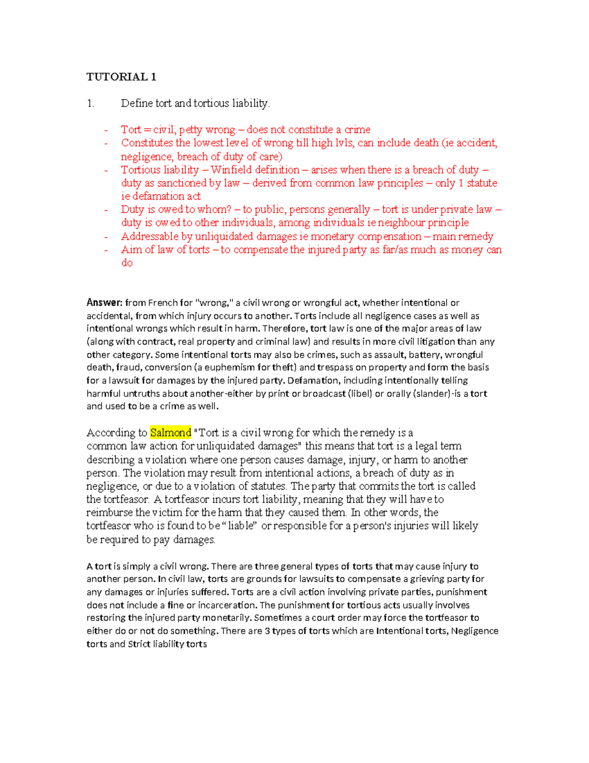Tutorial 1 (ULT2612) - Tort Law Tort Law Tort Law Tort Law Tort Law ...