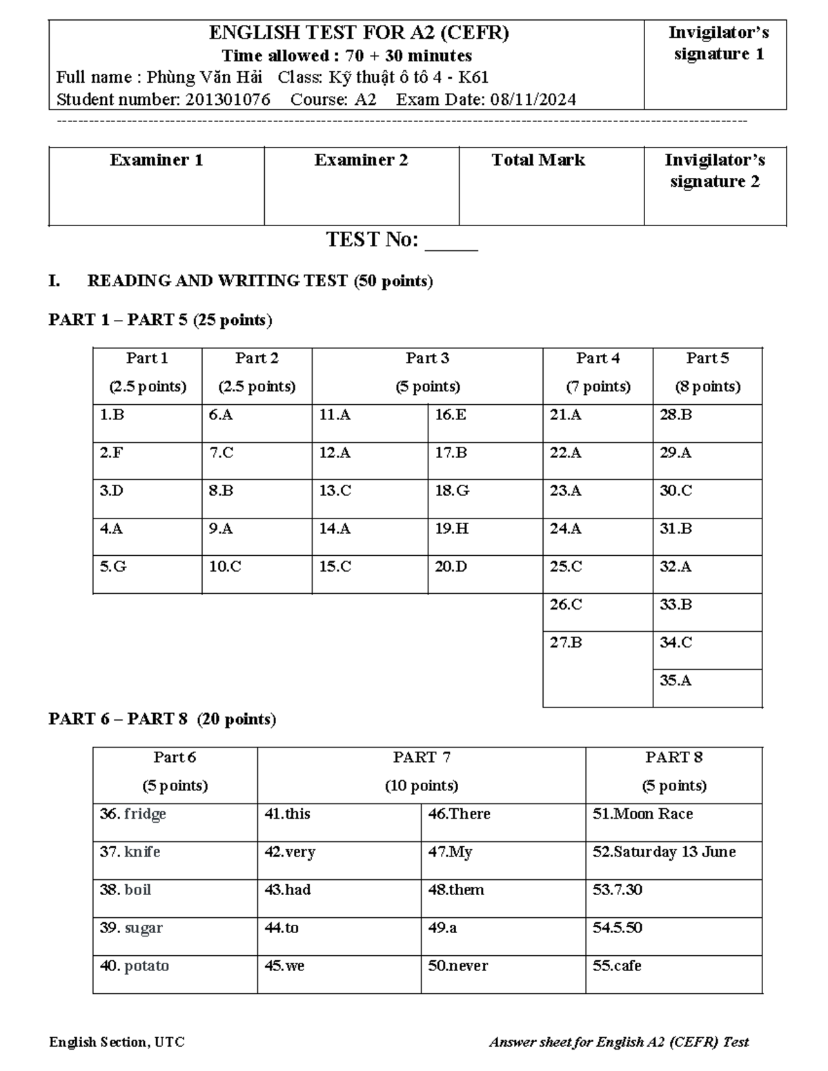 Answersheet- A2 - Version 3 Phùng Văn Hải 2013 01076 - ENGLISH TEST FOR ...