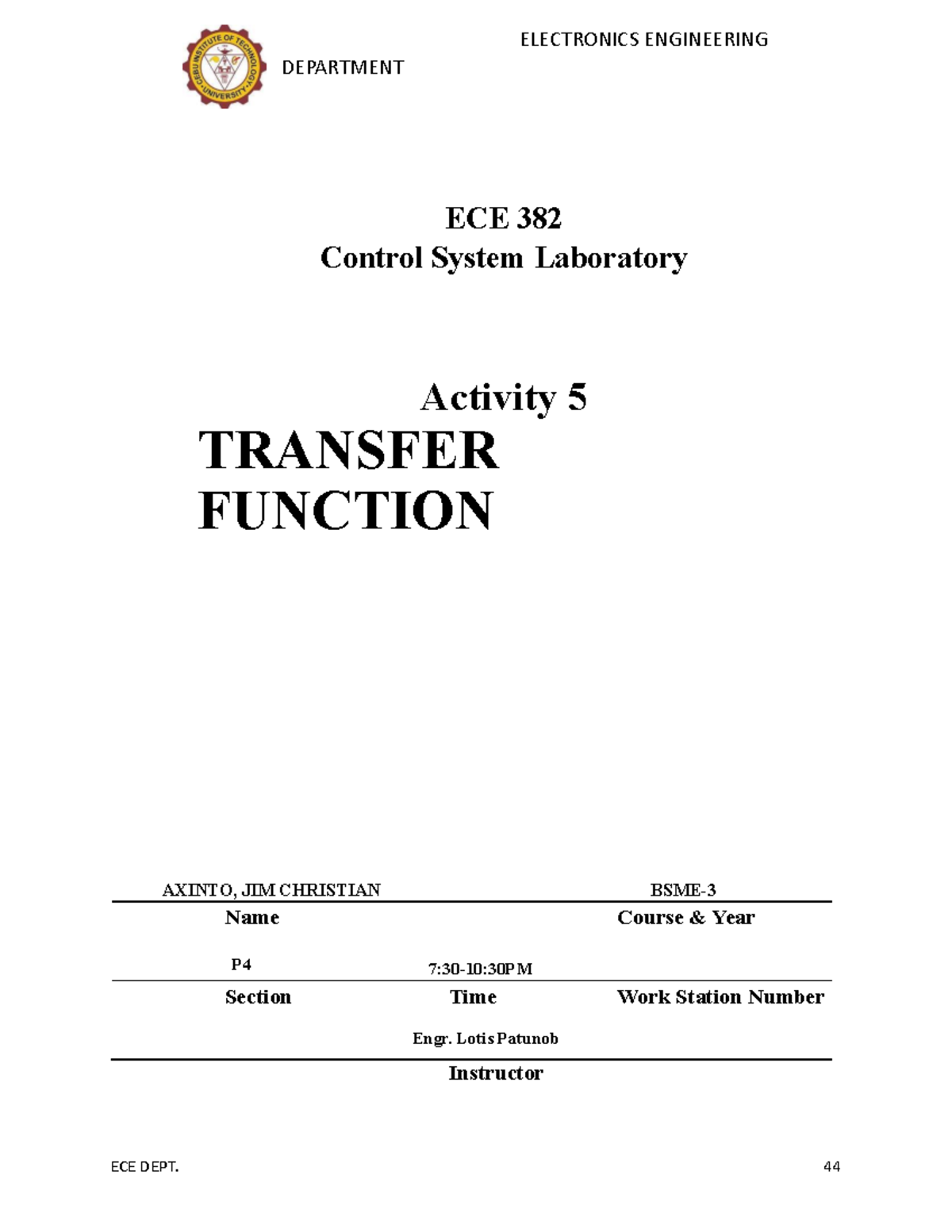 Axinto Act5 - Transfer Function ECE 382 Control System Laboratory - ELECTRONICS ENGINEERING ...