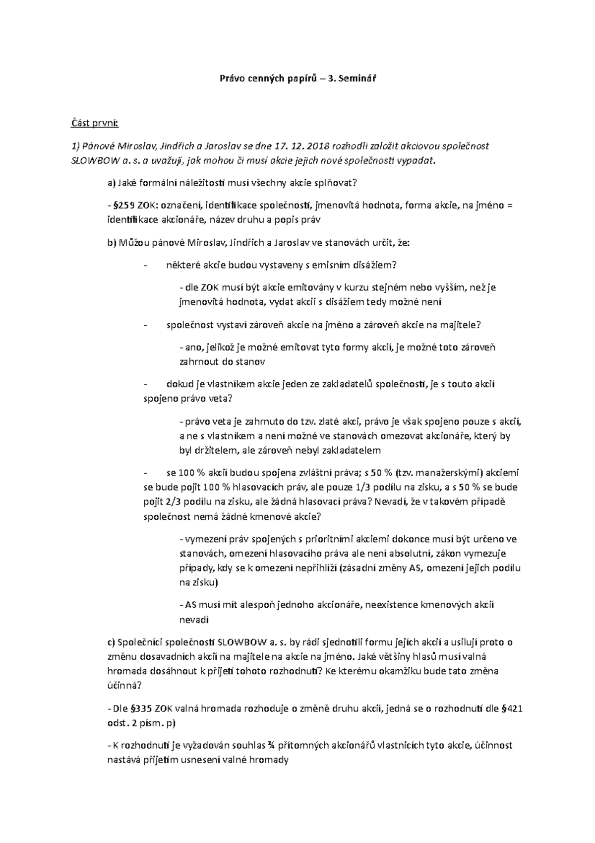 PCP 3 - PCP 3 - Právo cenných papírů – 3. Seminář Část první: Pánové ...