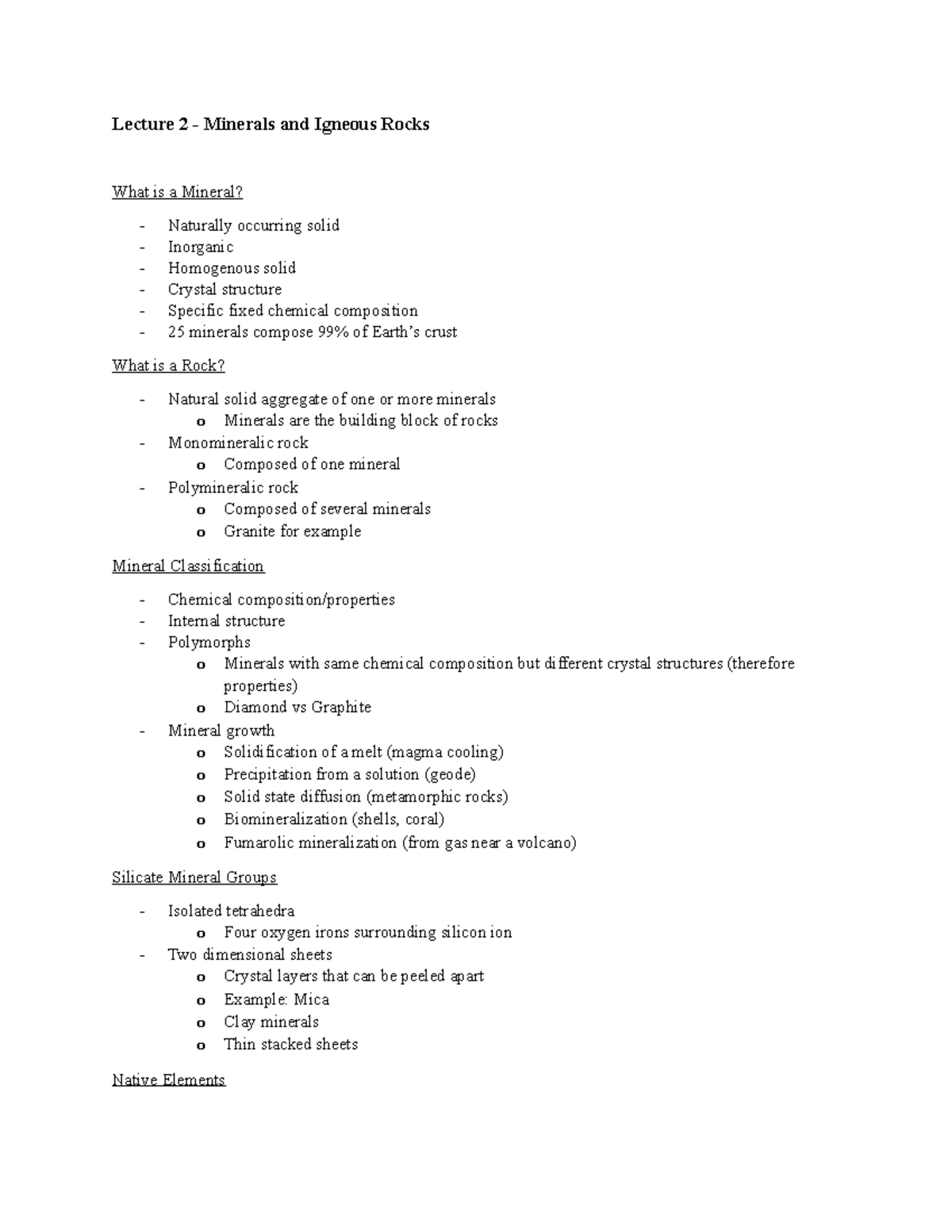Geoscience Lecture 2 Notes - Lecture 2 - Minerals and Igneous Rocks ...