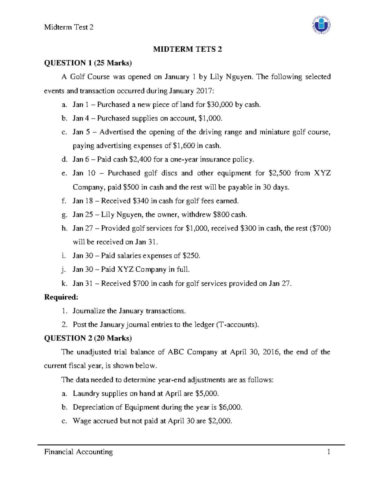 Midterm Test 2 - Theory - Midterm Test 2 MIDTERM TETS 2 QUESTION 1 (25 ...