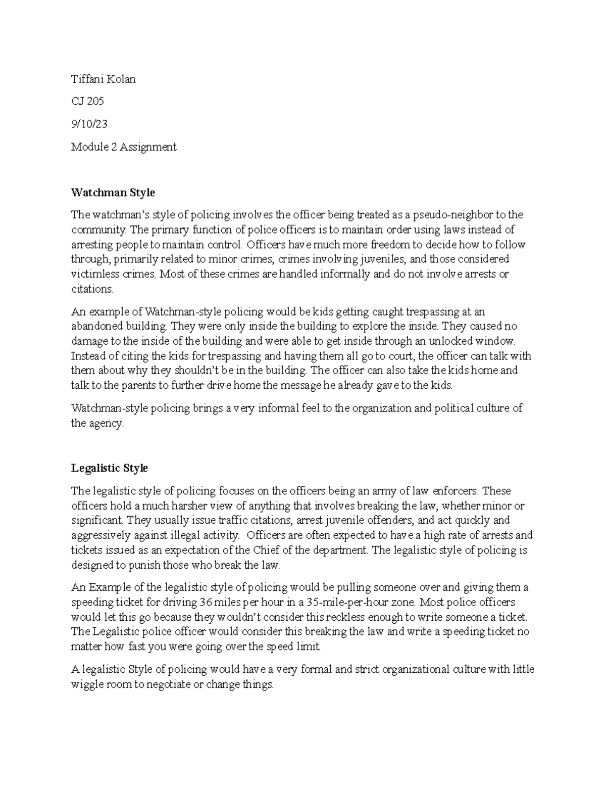 CJ 205 Module 2 - Tiffani Kolan CJ 205 9/10/ Module 2 Assignment ...