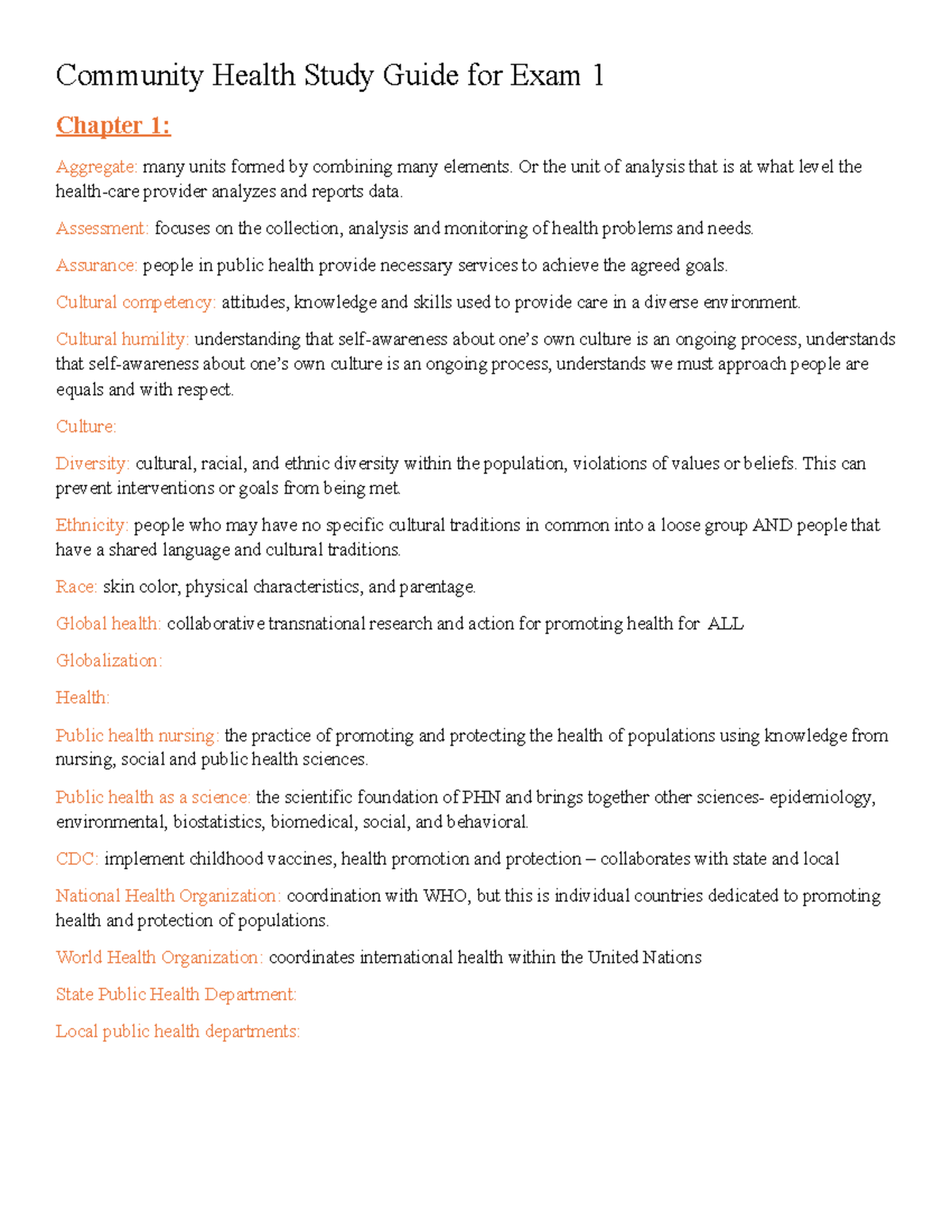 NUR 426 Exam 1 Study Guide - Community Health Study Guide for Exam 1 ...