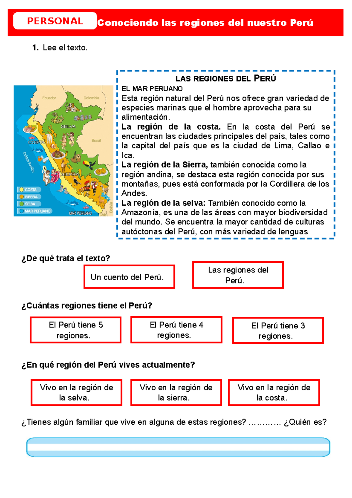 D1 A1 Ficha PS. Conociendo las regiones de nuestro Perú - 1. Lee el ...