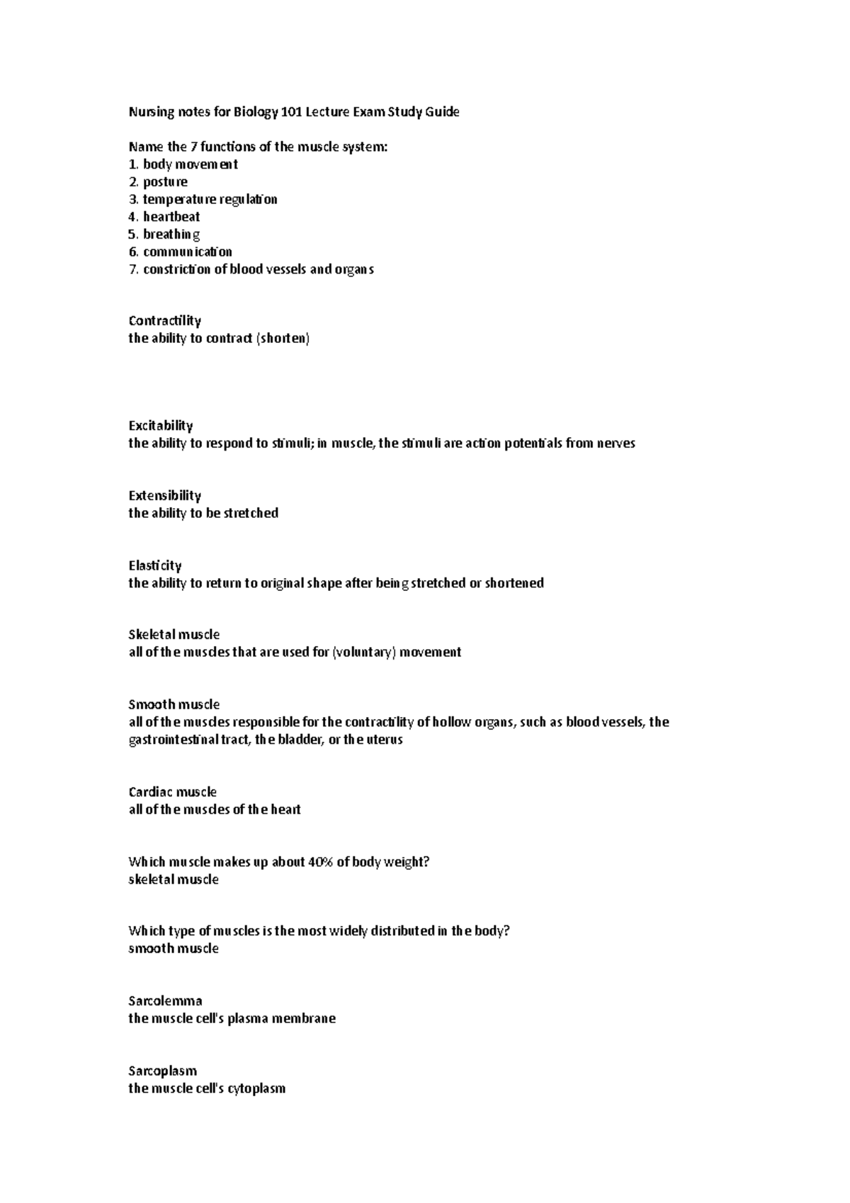 Biology 101 Study Guide Nursing Notes For Biology 101 Lecture Exam