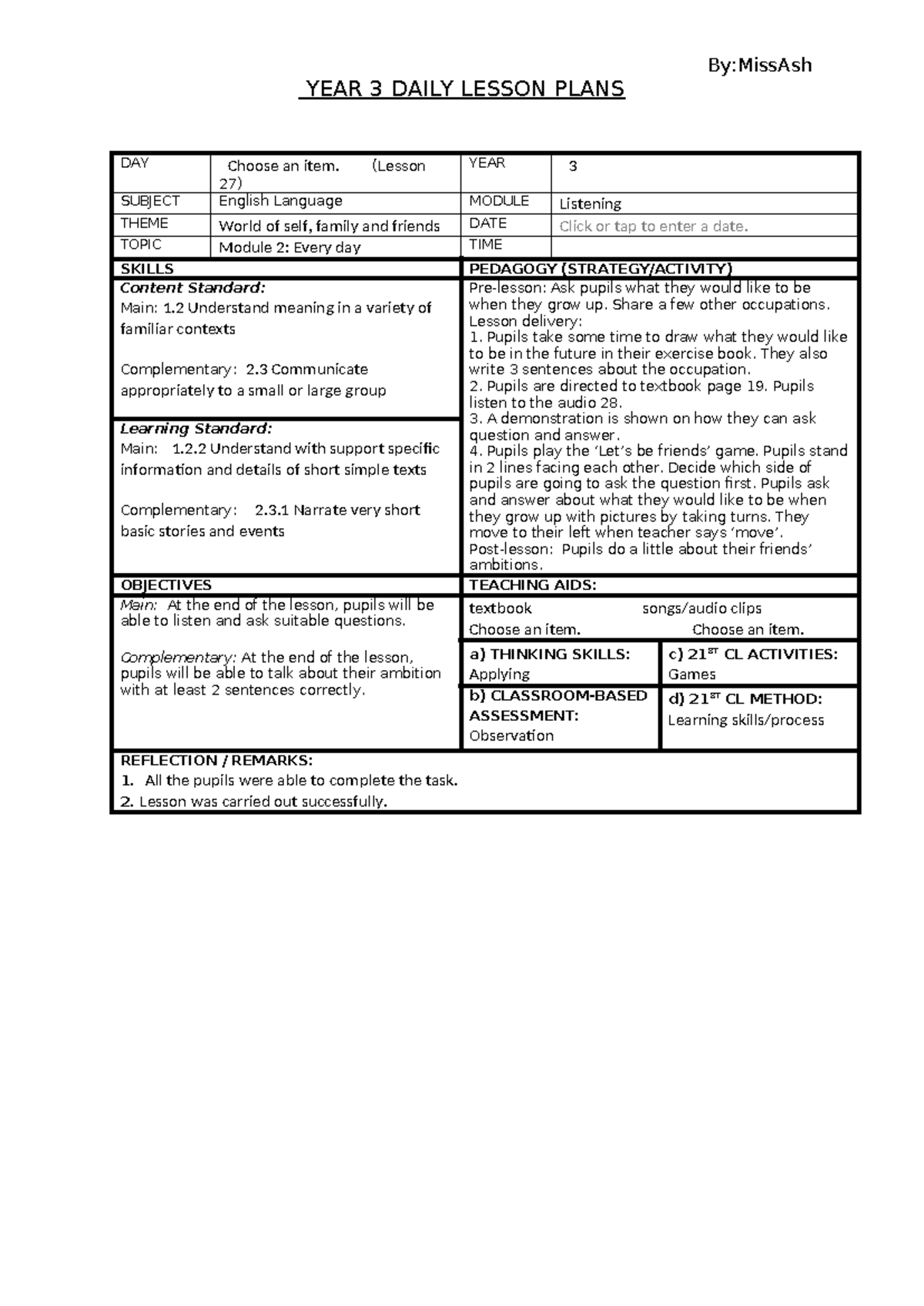 English Language - YEAR 3 DAILY LESSON PLANS DAY Choose an item ...