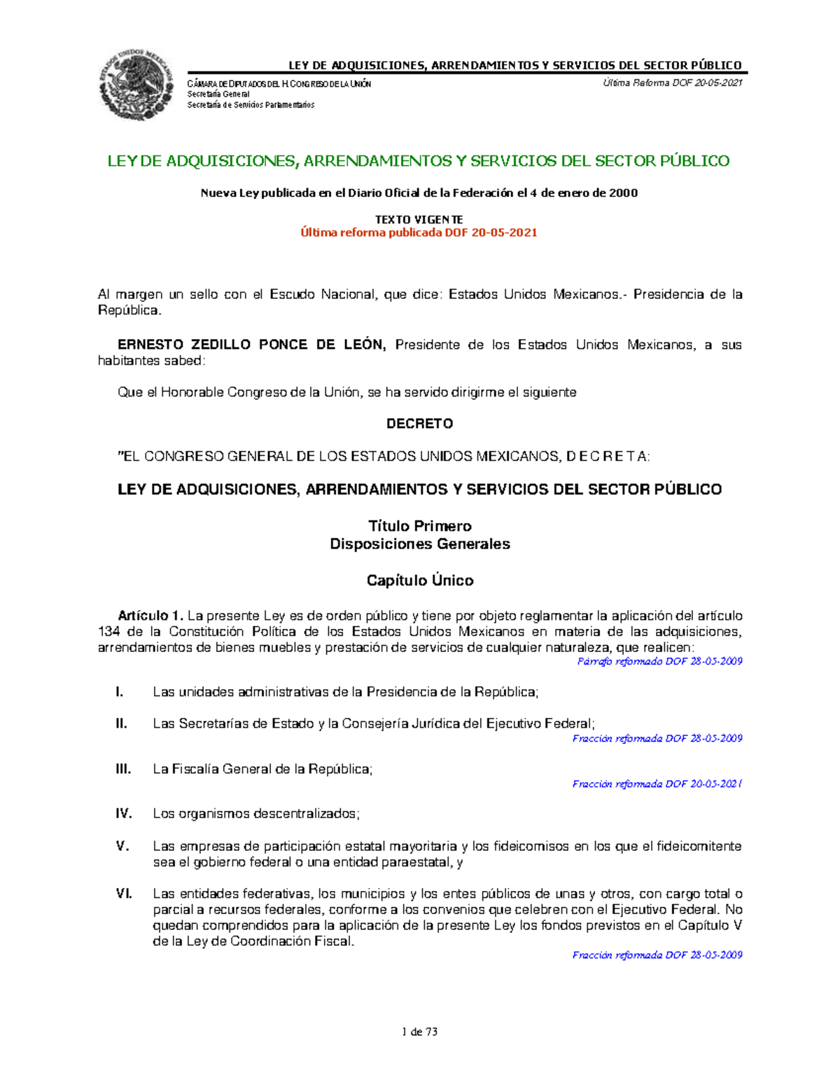 Ley De Adquisiciones Federal CÁmara De Diputados Del H Congreso De