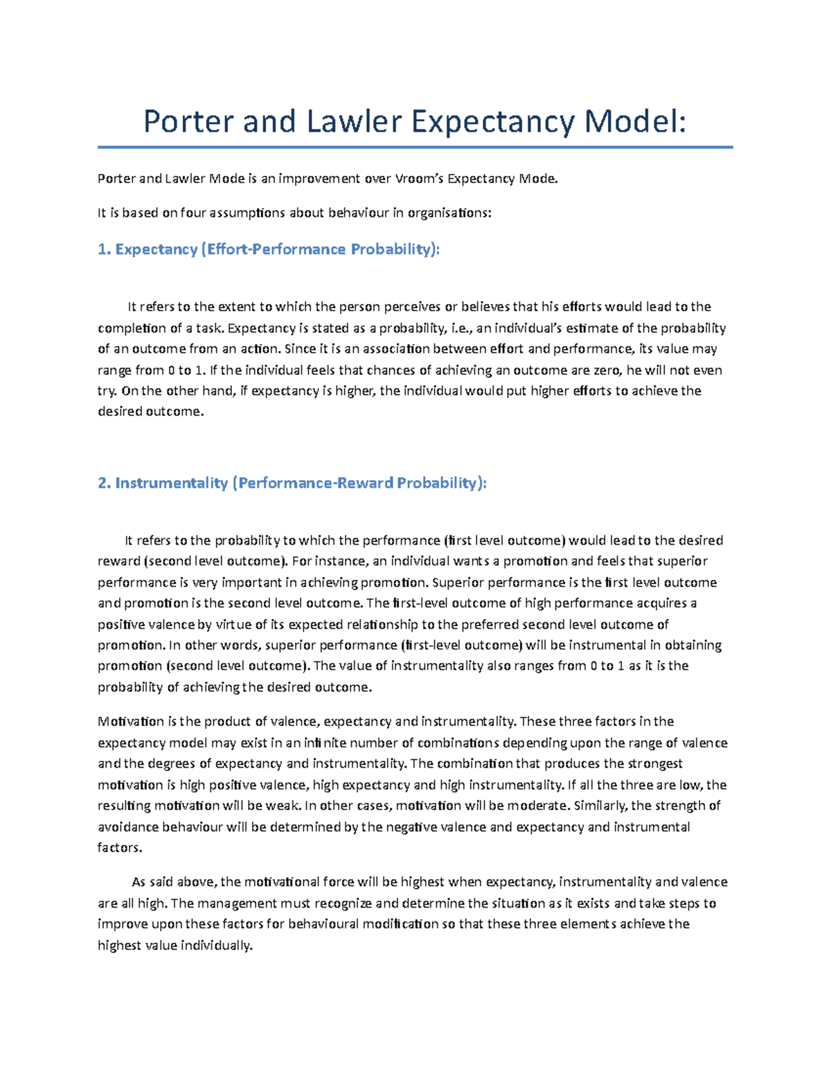 Porter and Lawler Expectancy Model - Porter and Lawler Expectancy Model ...