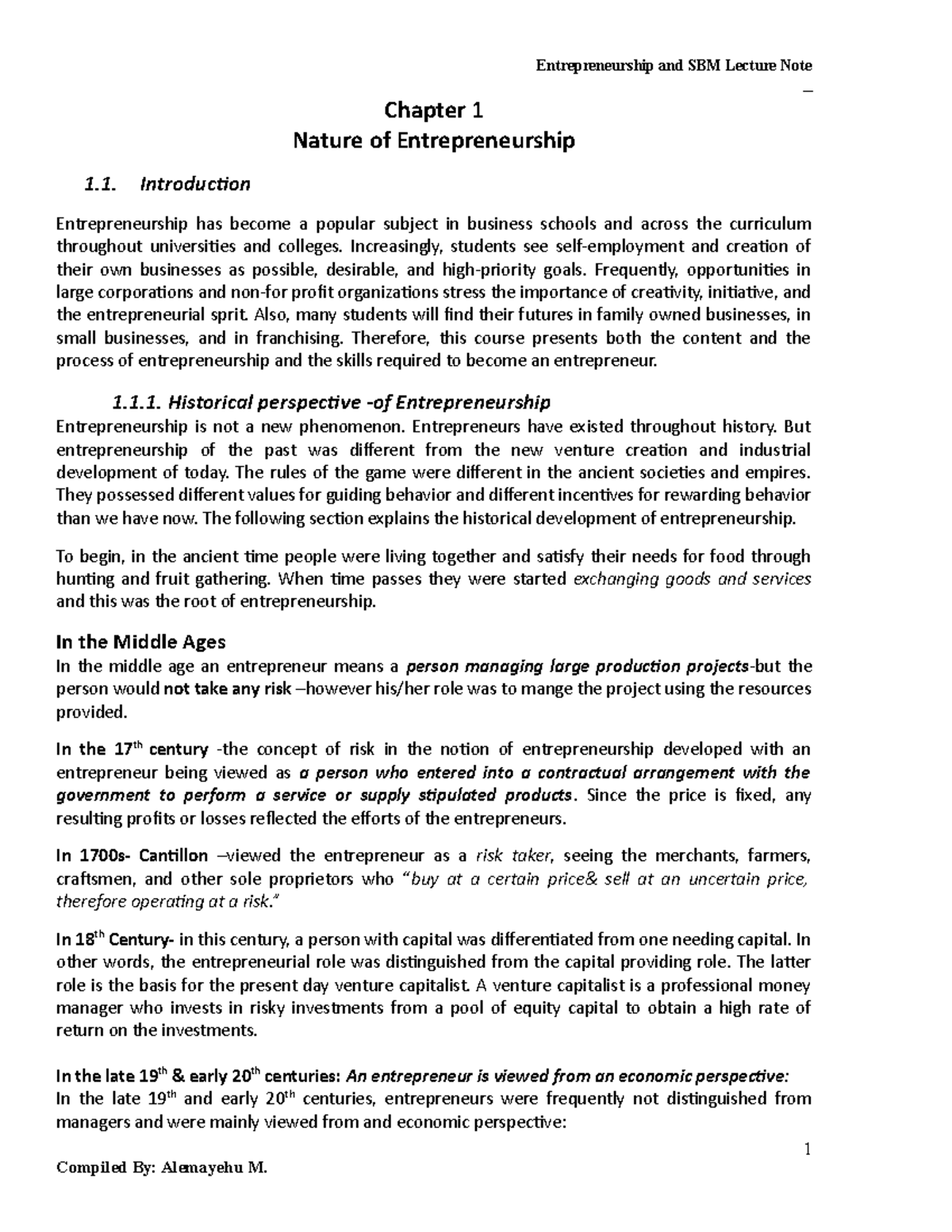 Entrepreneurship Lecture Note All in one1 - Chapter 1 Nature of ...
