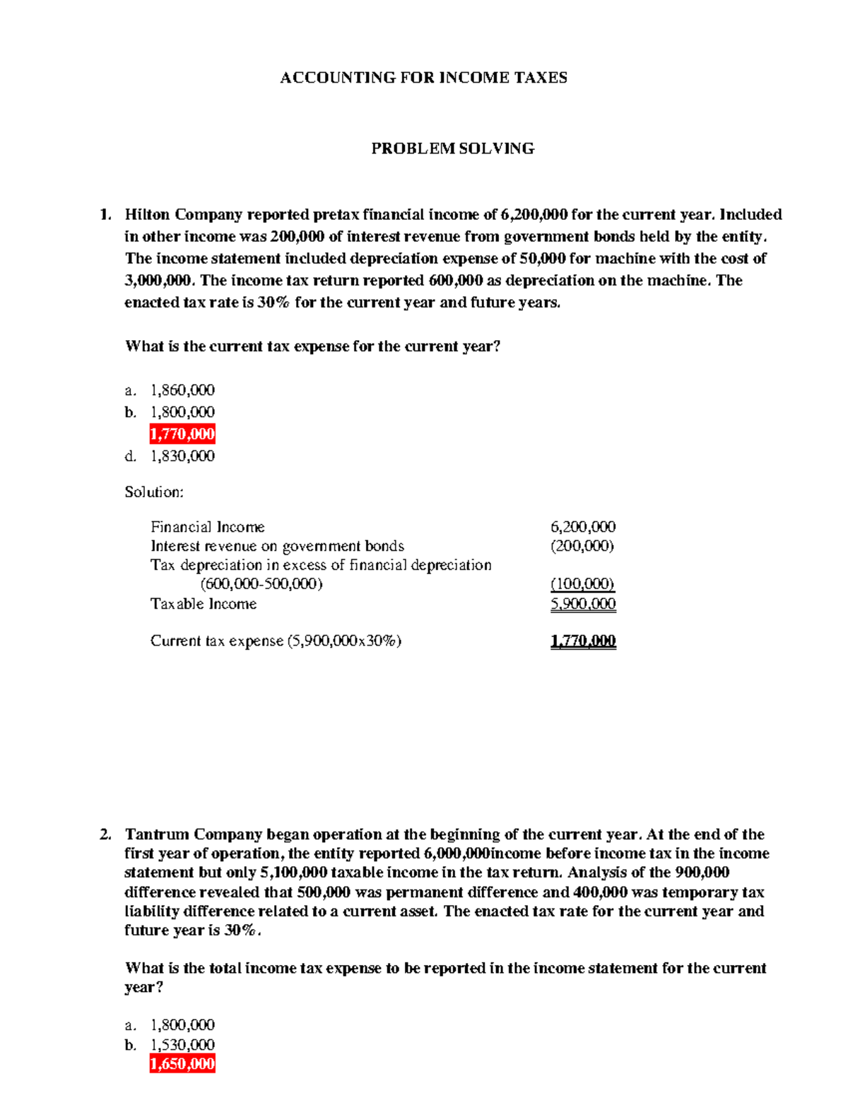 Solution Accounting for Income Taxes - ACCOUNTING FOR INCOME TAXES PROBLEM SOLVING Hilton ...