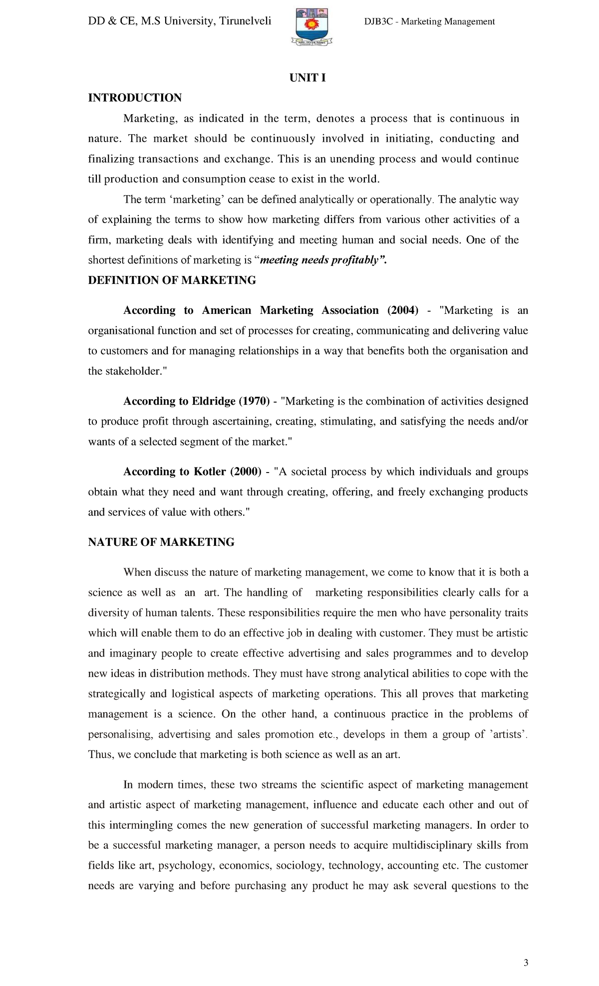 Marketing management unit 1 - UNIT I INTRODUCTION Marketing, as ...