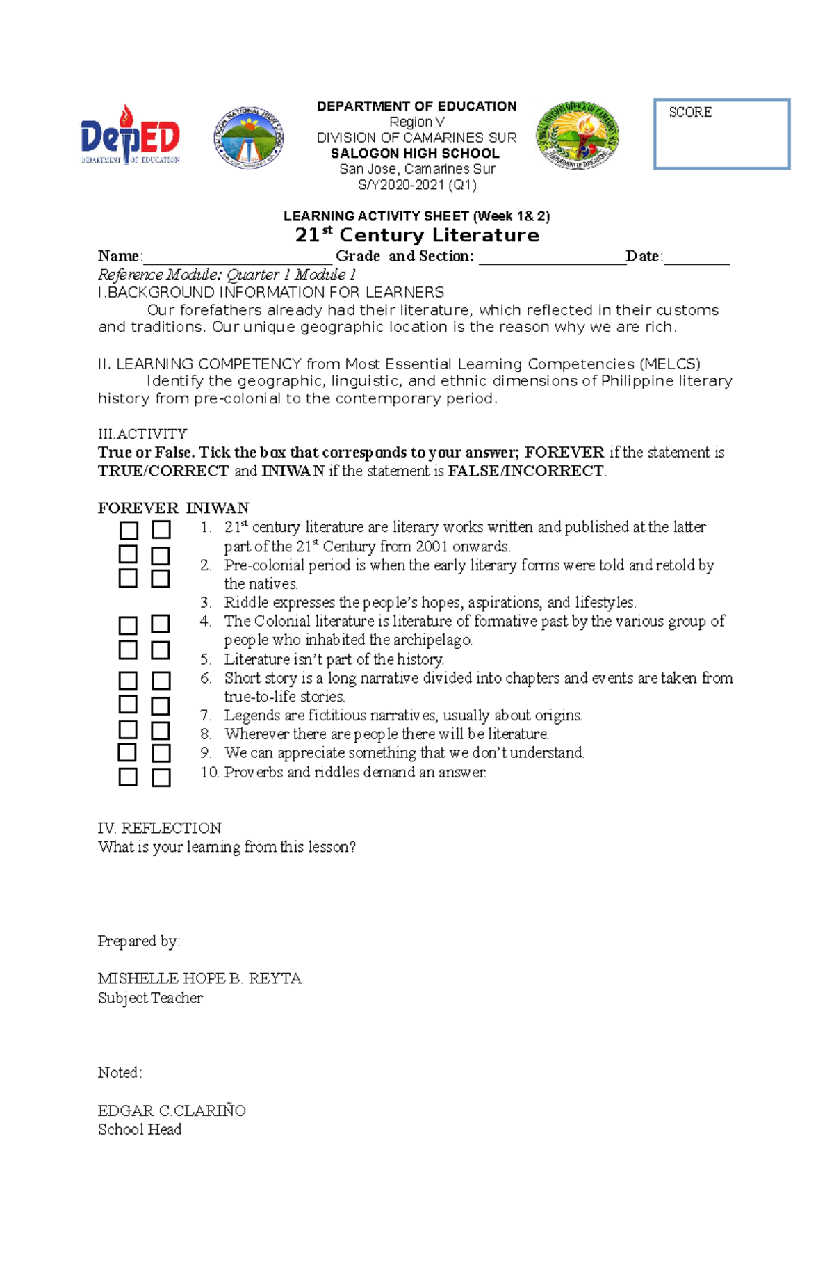 learning activity sheet - DEPARTMENT OF EDUCATION Region V DIVISION OF ...