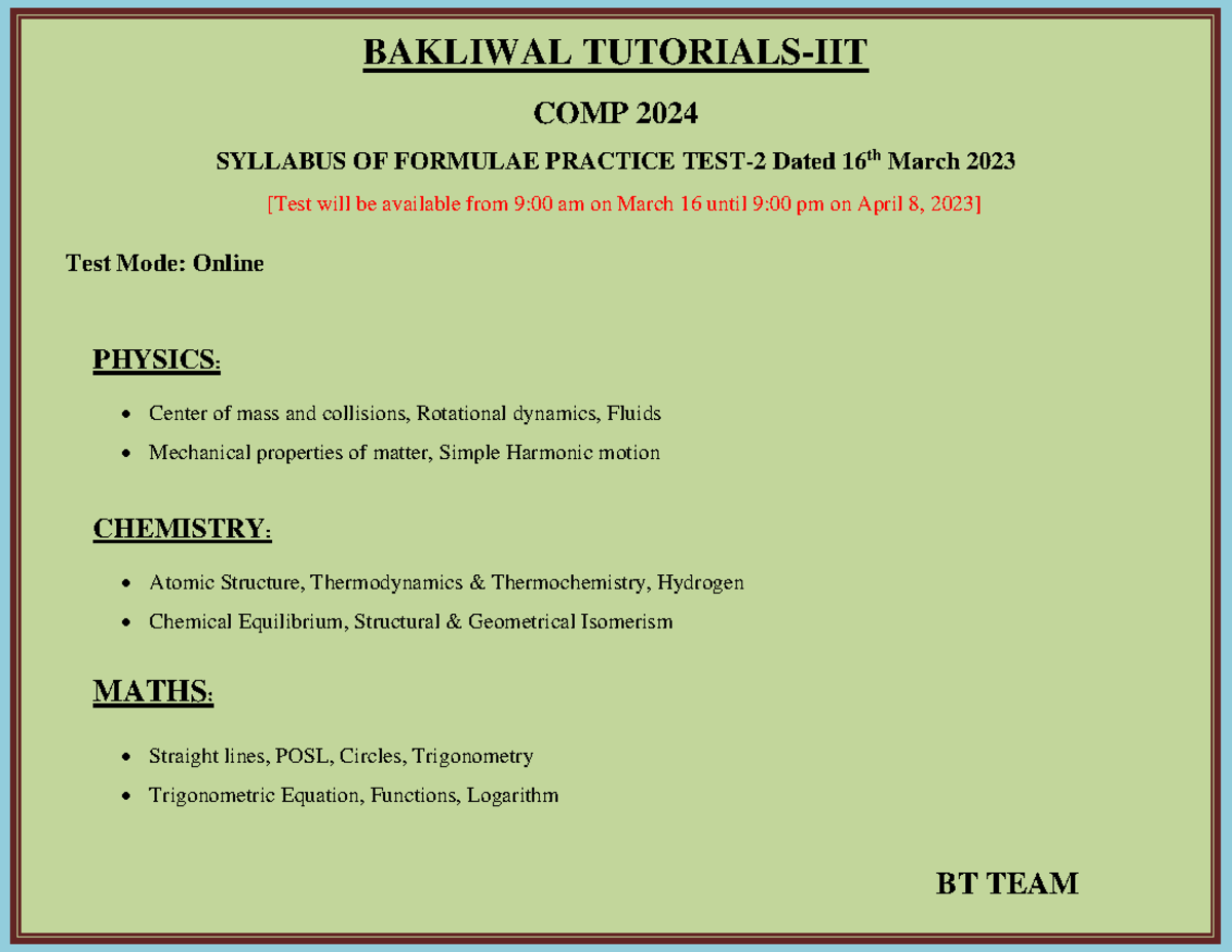 Syllabus Formulae Based Practice Test-2 - COMP2024 - BAKLIWAL TUTORIALS ...