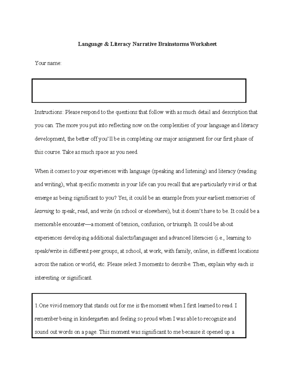 Language and Literacy Narrative Brainstorms Worksheet, Freshman ...