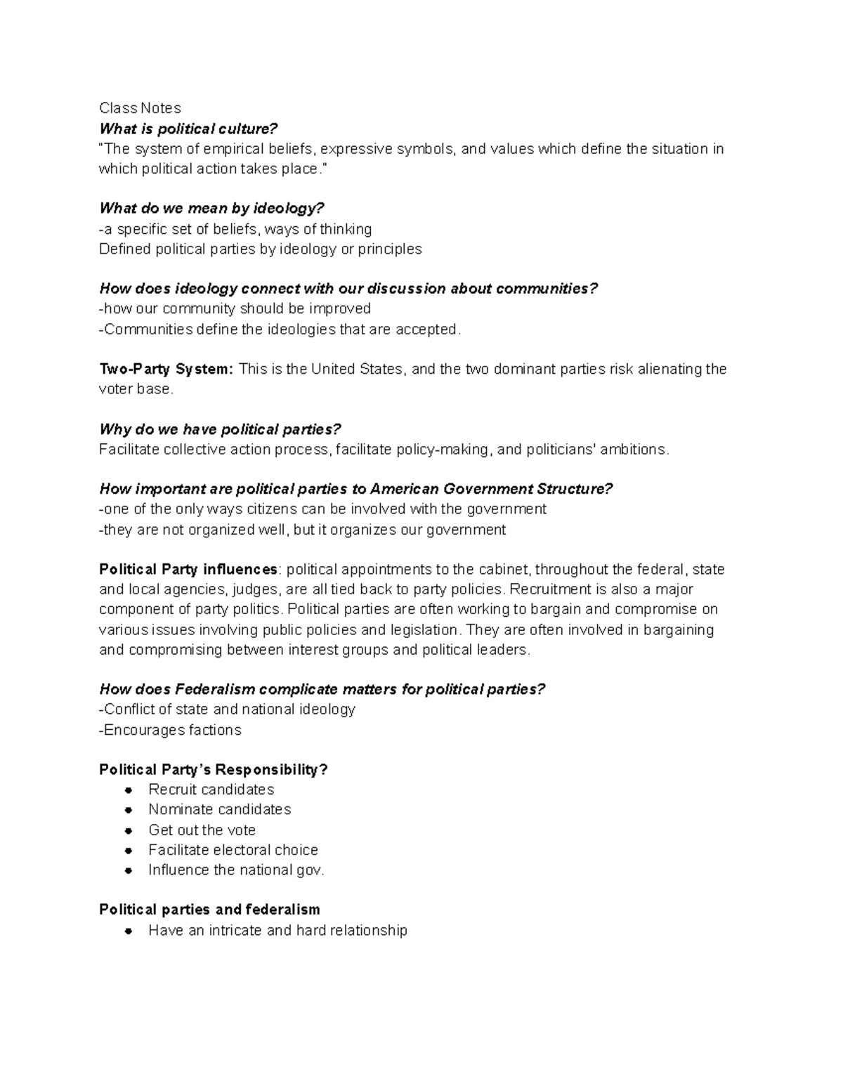 Chapter 7 Voting and Elections - Class Notes What is political culture ...