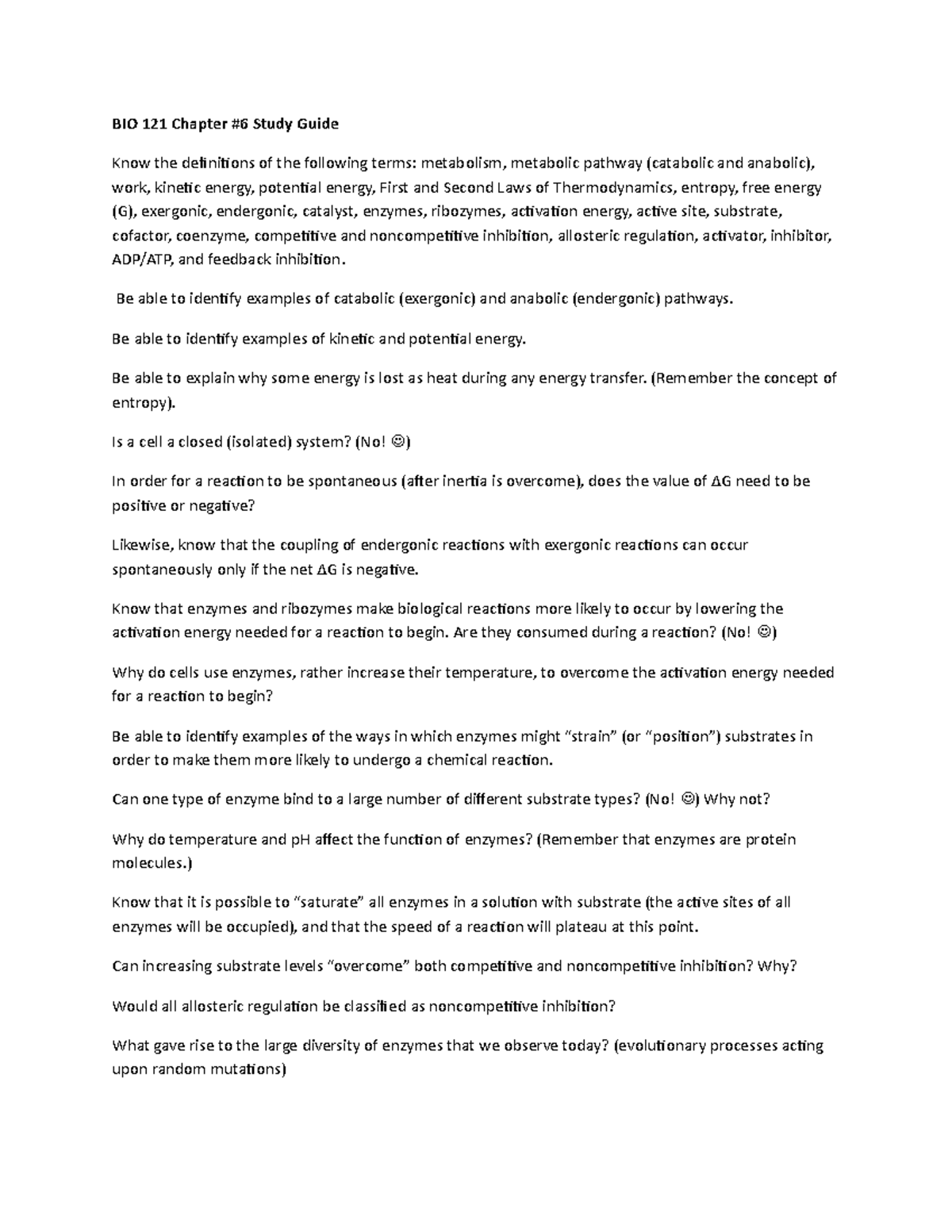 Chapter #6 Study Guide (2021 Update) - BIO 121 Chapter #6 Study Guide ...