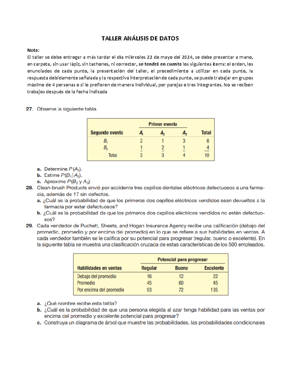 Taller ANÁ Lisis DE Datos - TALLER ANÁLISIS DE DATOS Nota: El taller se debe entregar a más ...