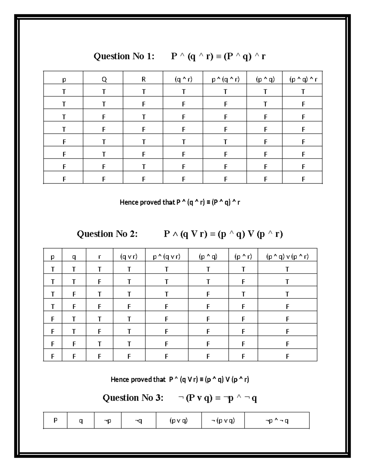 Assignment - Logical Proves - Question No 1: P ^ (q ^ r) ≡ (P ^ q) ^ r p Q R (q ^ r) p ^ (q ^ r ...