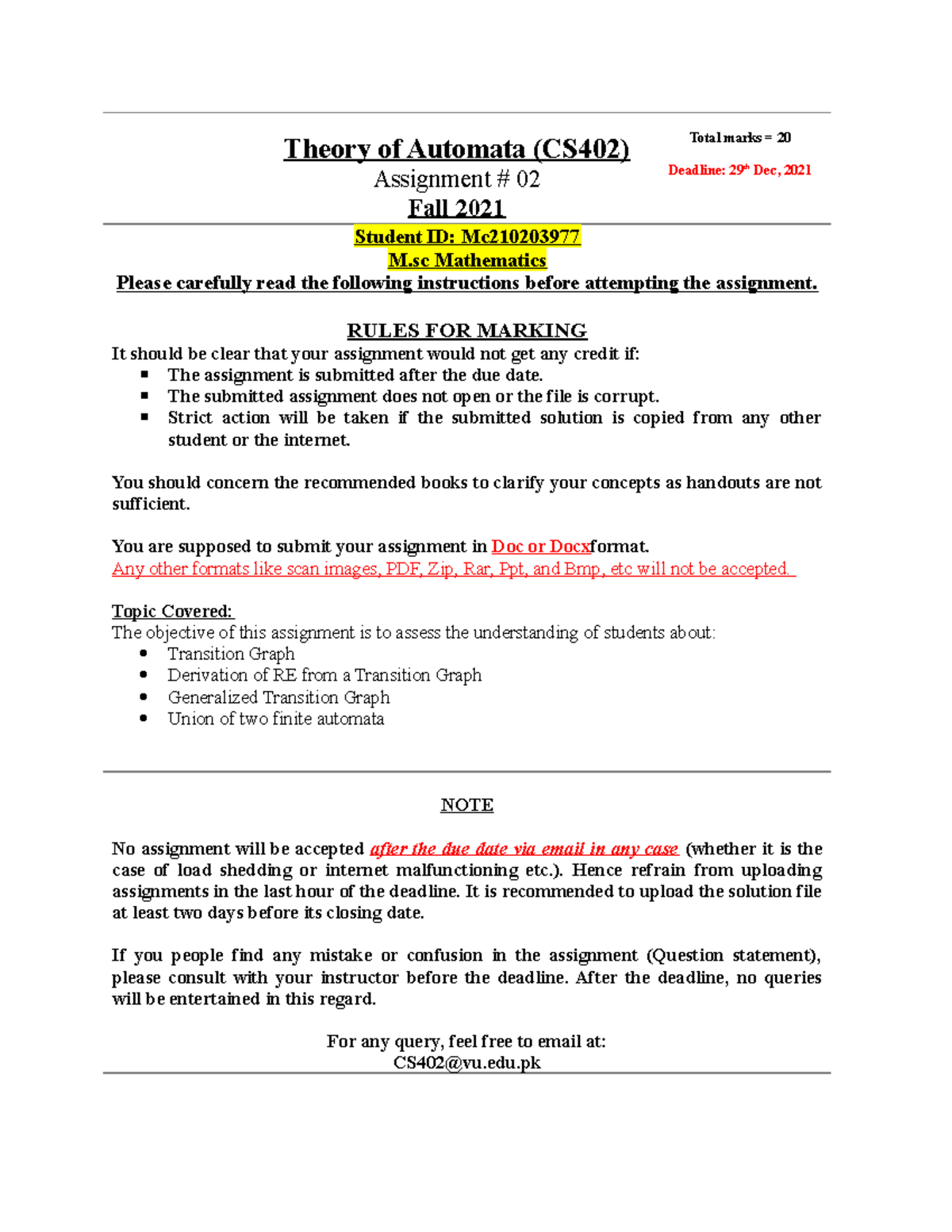 Assingment No 2 CS402 Solution Fall 2021-2022 - Theory of Automata - VU - Studocu