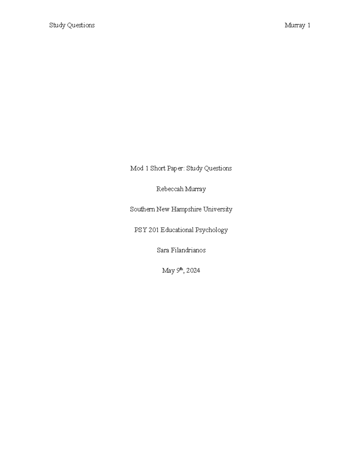 Mod 1 Short Paper - Received an A - Mod 1 Short Paper: Study Questions ...