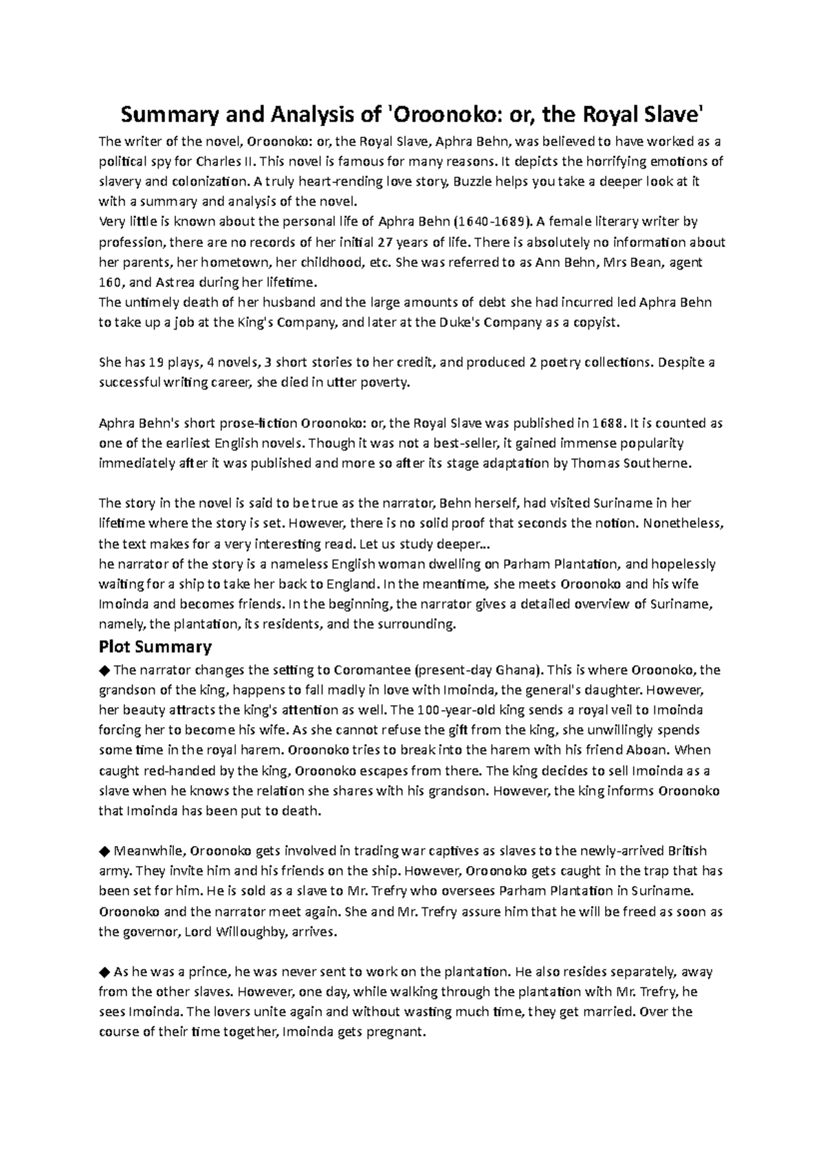 Summary and Analysis of Oroonoko or the Royal Slave - This novel is ...