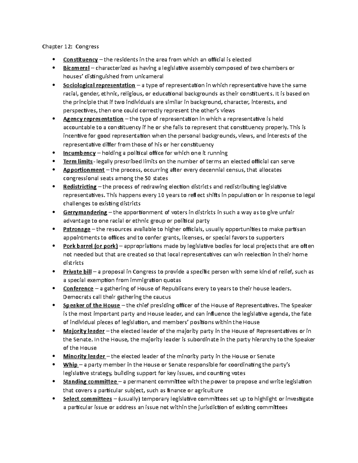 Summaries of Chapter 12, 13, 14, 15 - Chapter 12: Congress Constituency ...