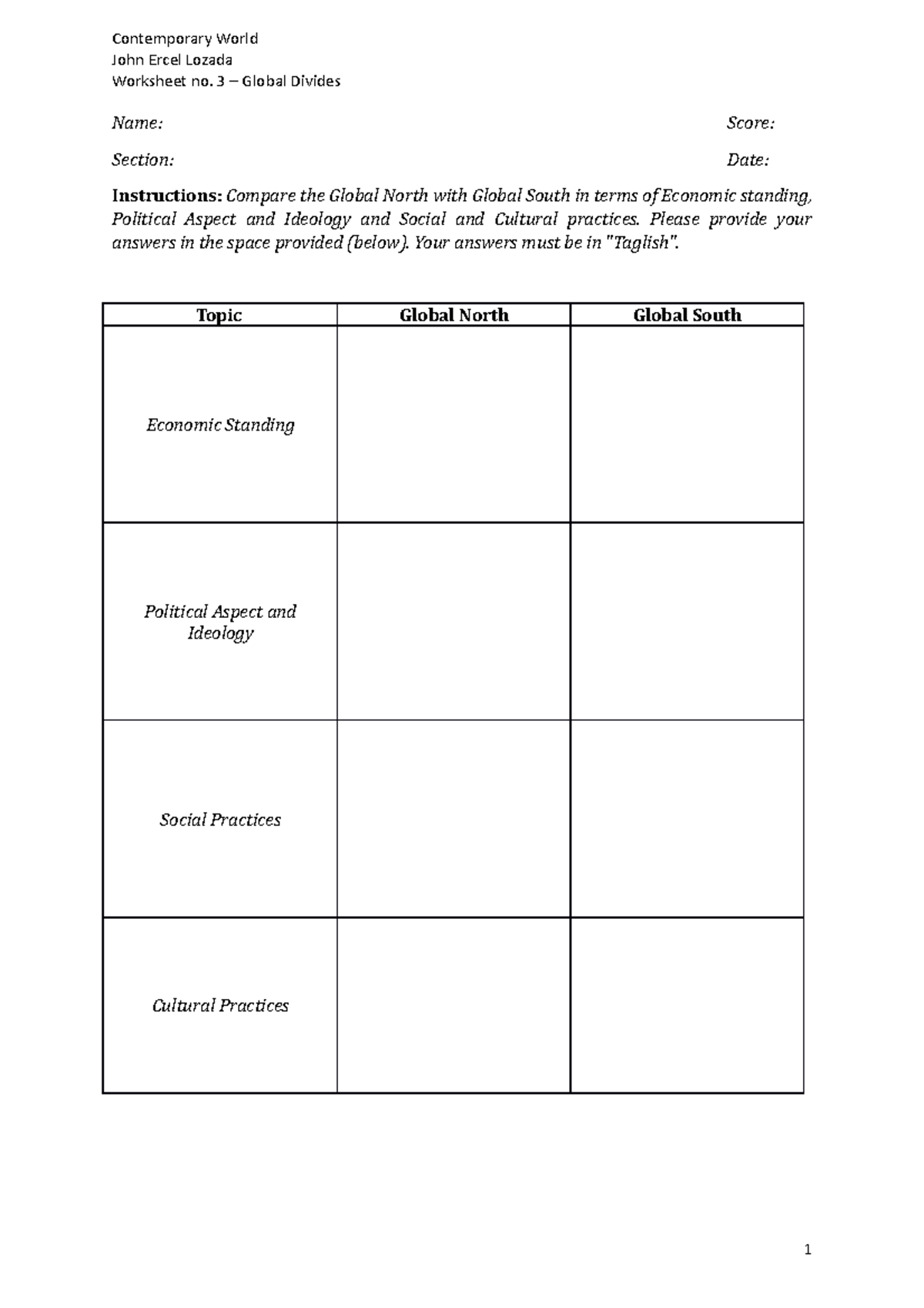 CW- Worksheet no. 3 - global south and global north - Contemporary ...