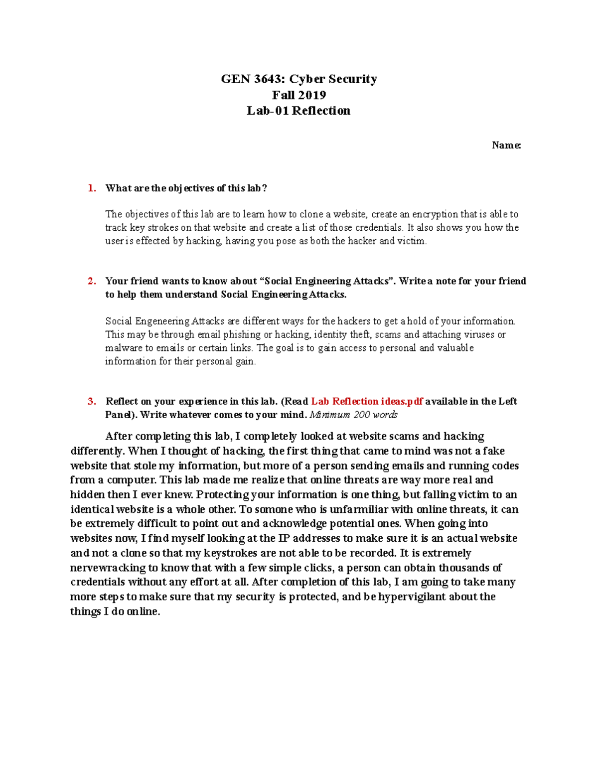 Lab-01-Reflection - Homework questions and answers - GEN 3643: Cyber ...