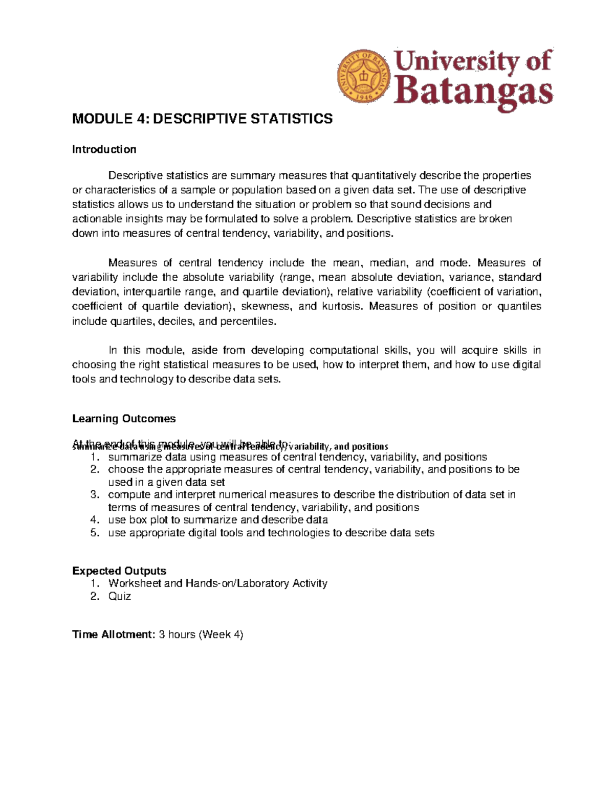 Module 4 - Preliminaries - MODULE 4: DESCRIPTIVE STATISTICS ...