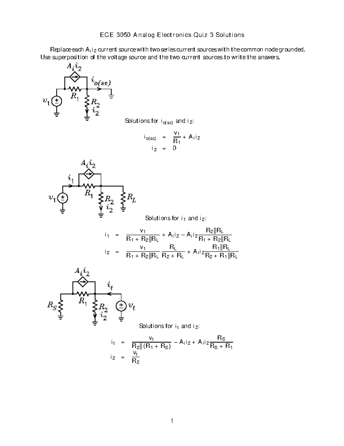 Q3slns - Exam Practice - ECE 3050 A nalog Elect r onics Quiz 3 Solut i ons Replace each Ai i 2 ...