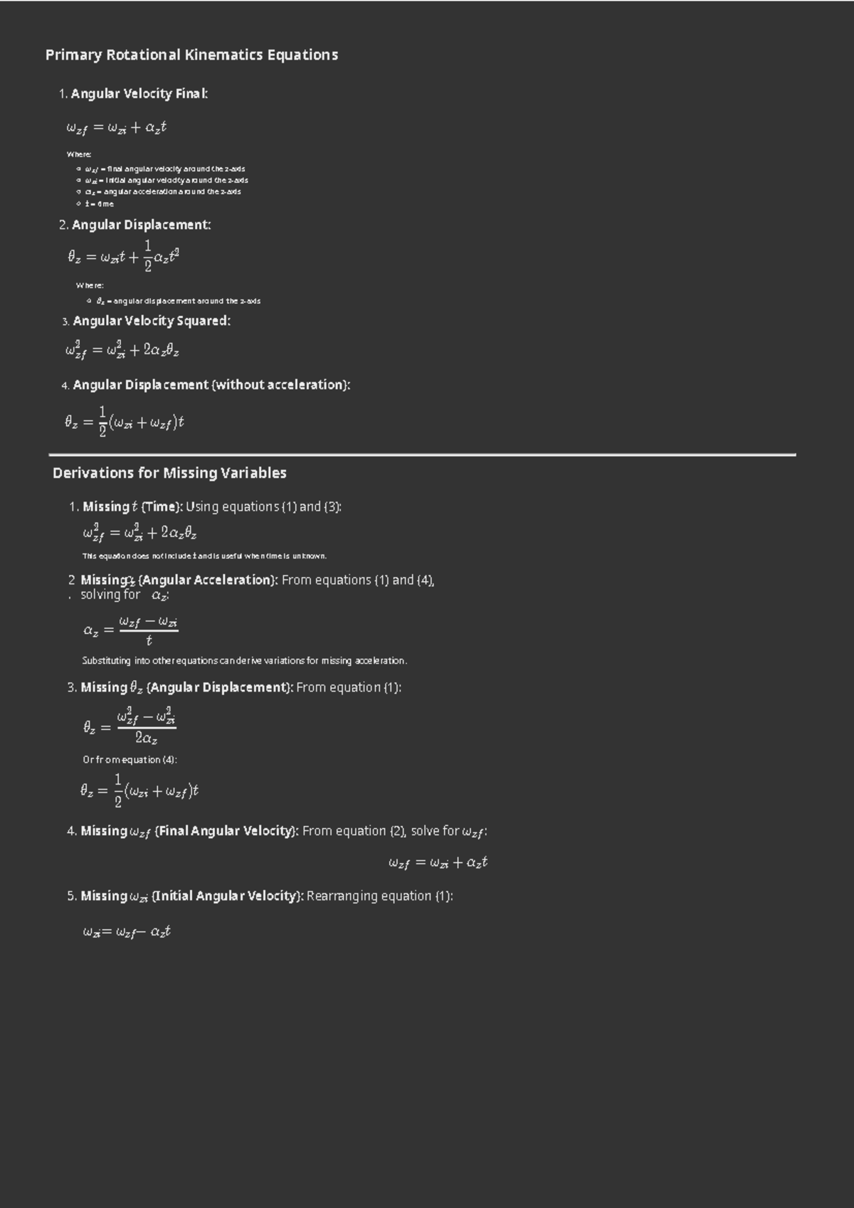 Rotational Kinematics Equations - 1. Angular Velocity Final: Where ...