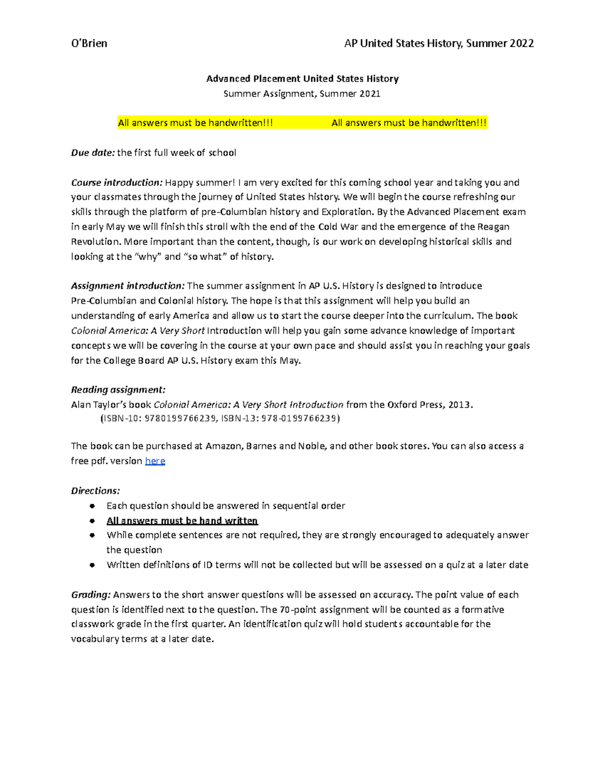 Apush Summer Assign Colonial His Summer 2021 - Advanced Placement ...