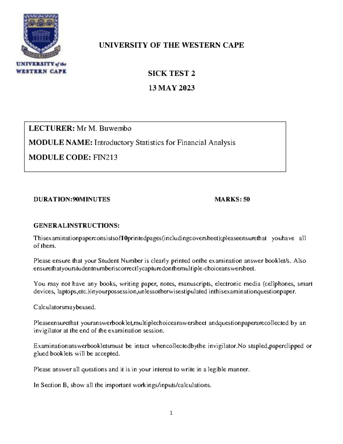 FIN213 Sick Test 2 2023 - UNIVERSITY OF THE WESTERN CAPE SICK TEST 2 13 ...