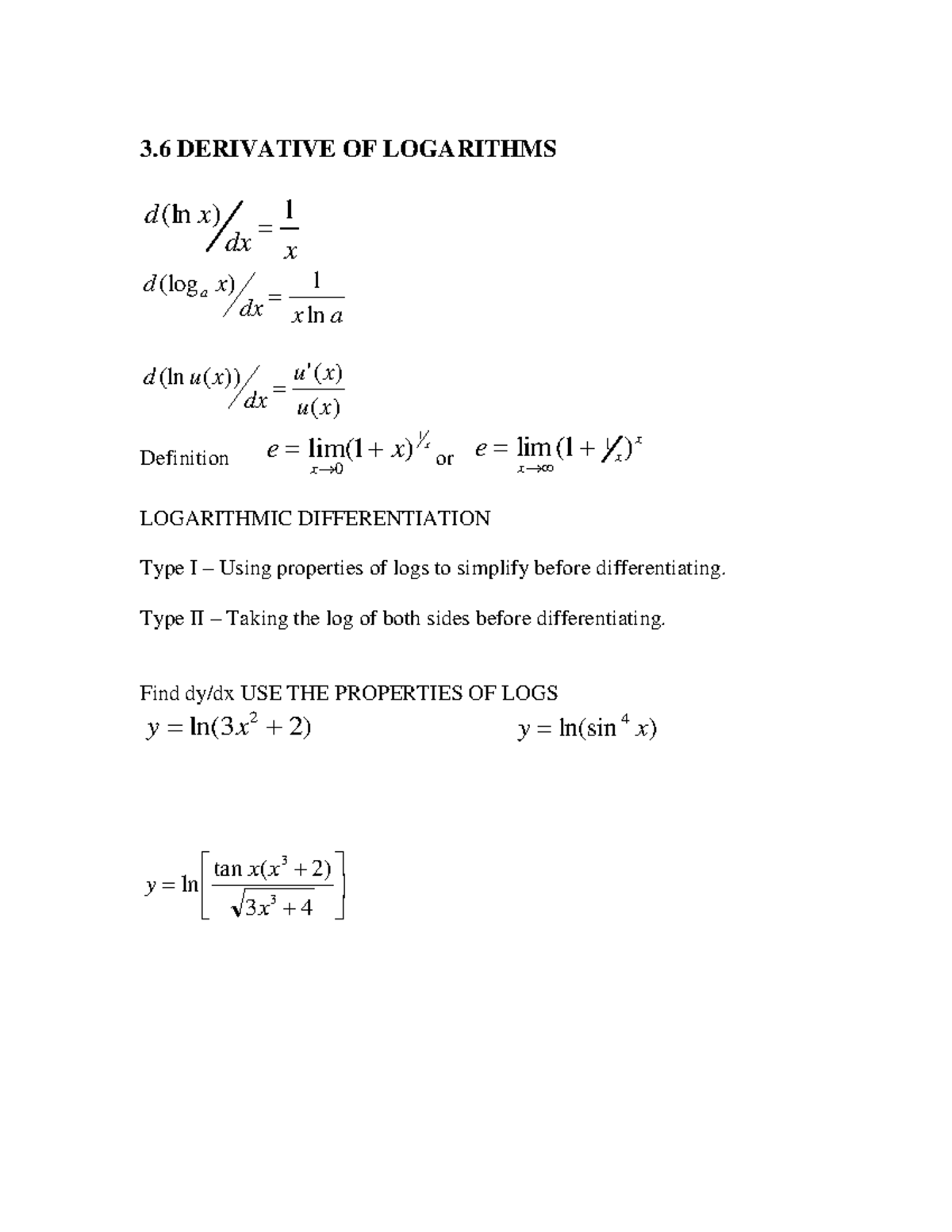 Math 151 Lecture Note 3 Derivative Of Logarithms Dx X D Ln X 1 Dx X