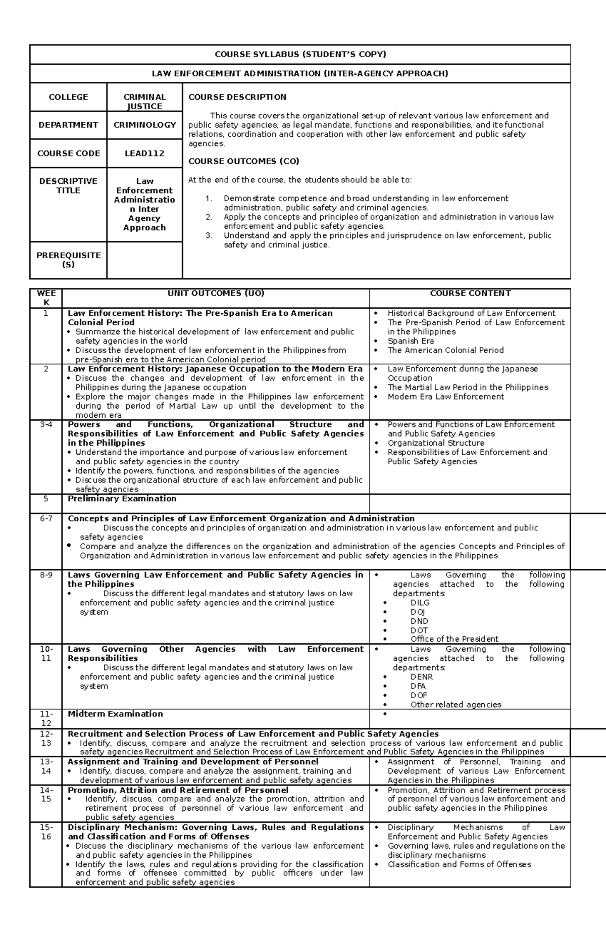 LEA Inter-Agency Approach - COURSE SYLLABUS (STUDENT’S COPY) LAW ...