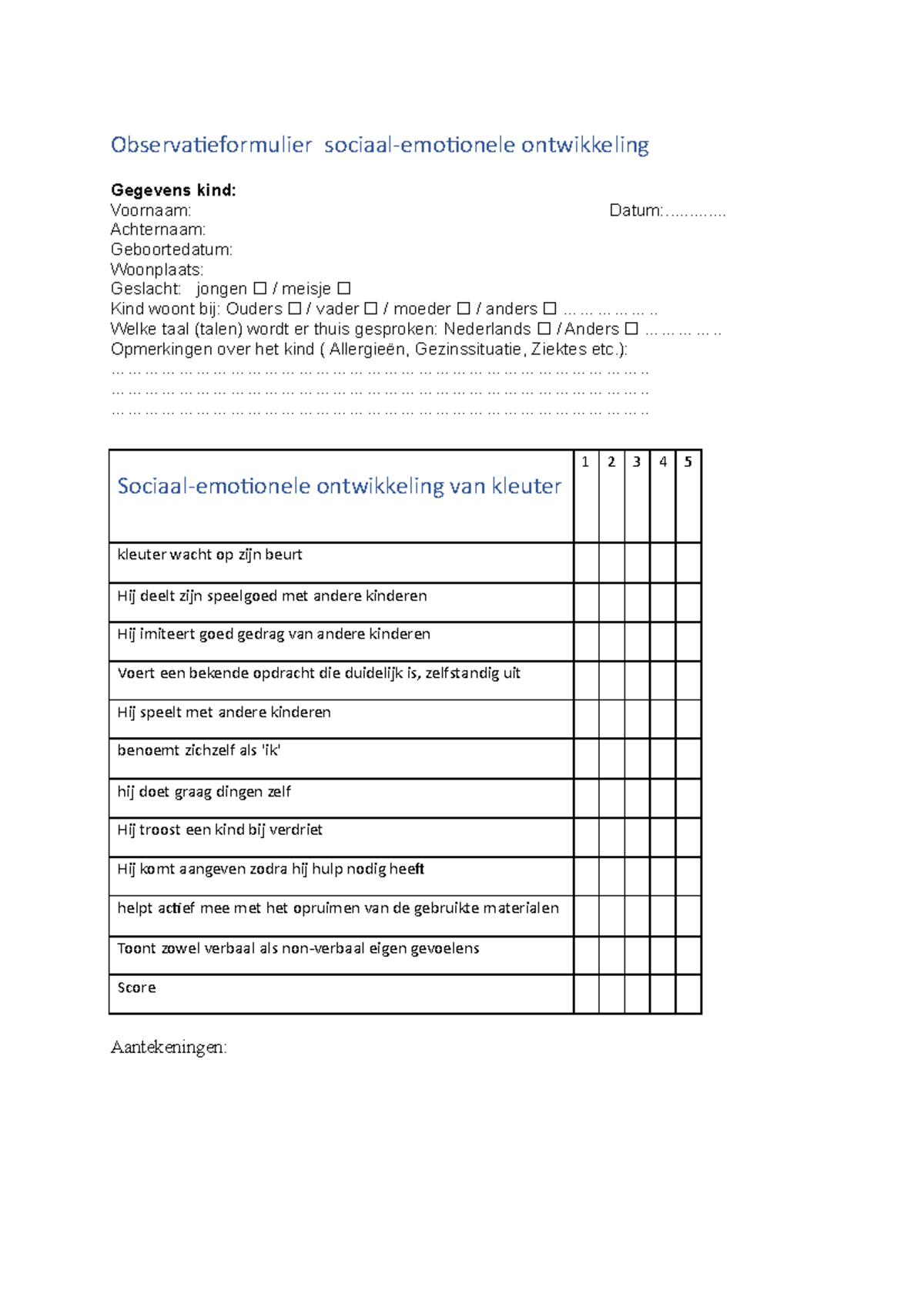 Observatieformulier examen 1 - Observaieformulier sociaal-emoionele ...