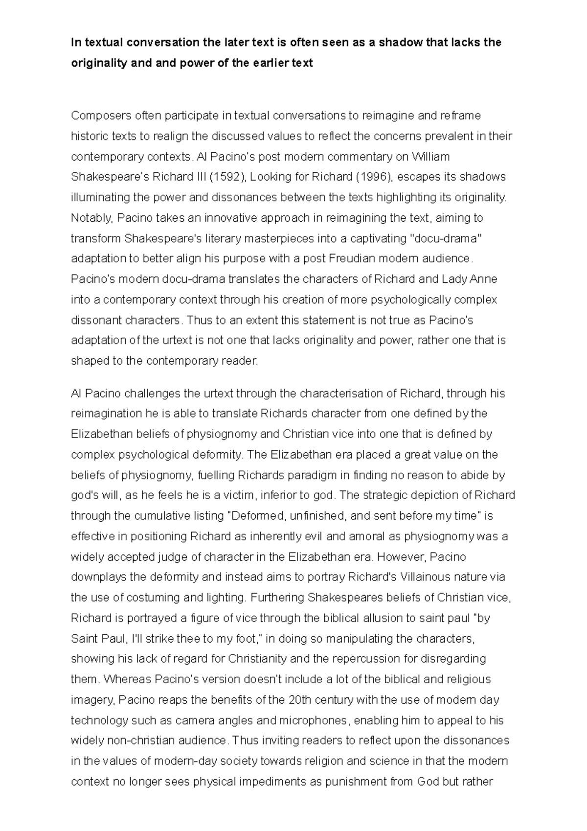 Richard originality essay - In textual conversation the later text is ...