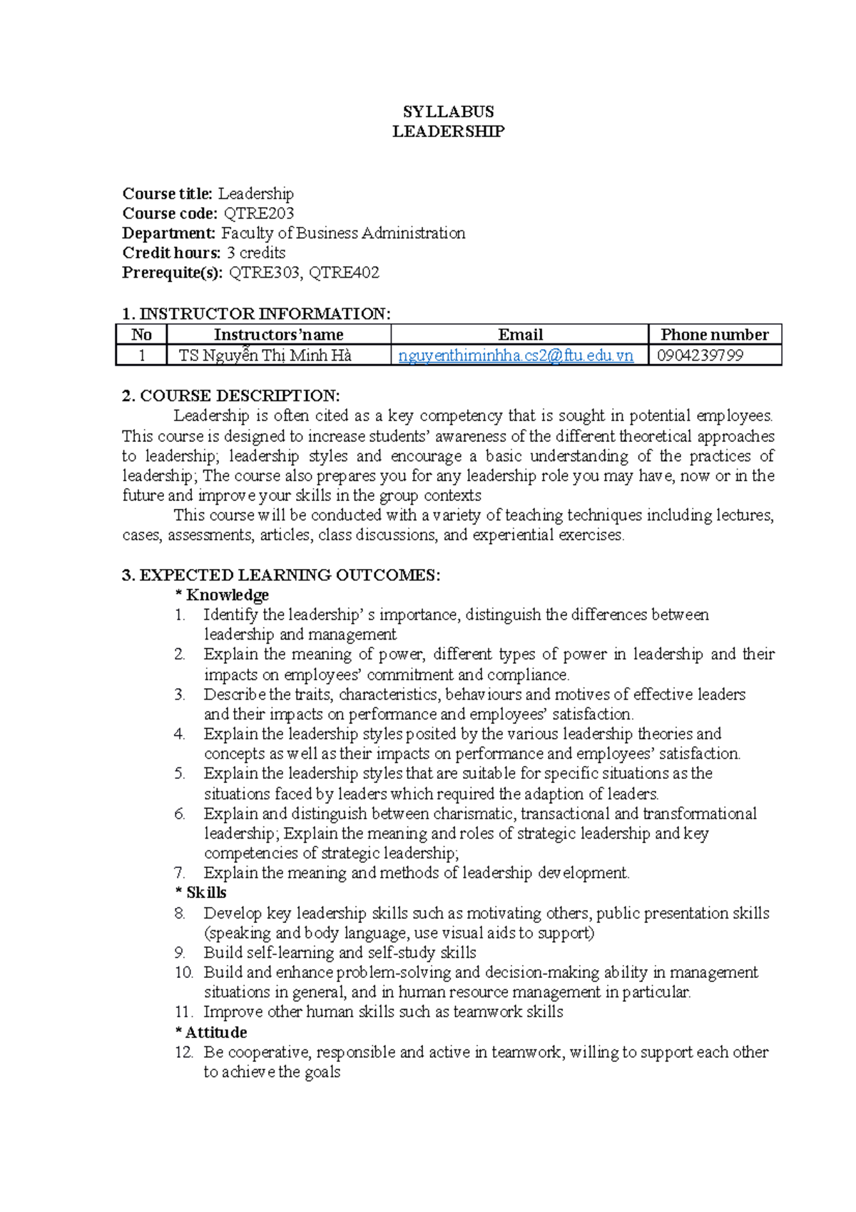 Syllabus QTRE203 Leadership skill - SYLLABUS LEADERSHIP Course title ...