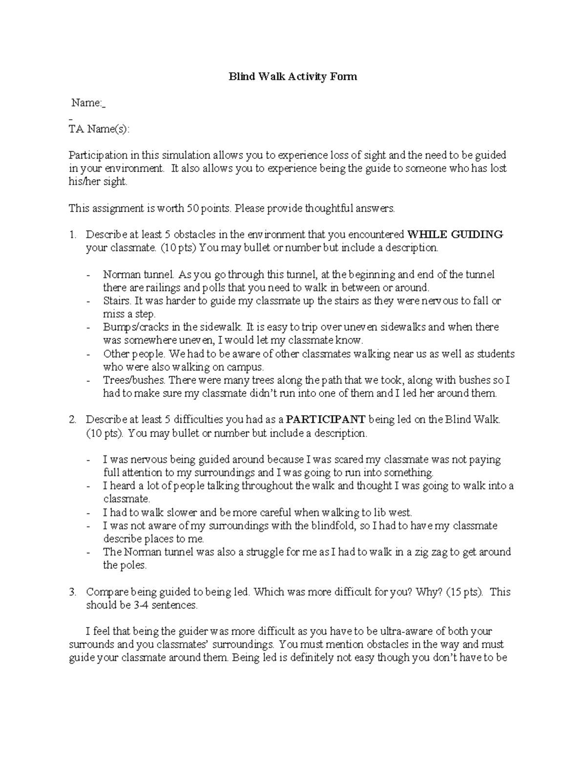 Blind Walk Activity Form Fall 21 - Blind Walk Activity Form Name: TA ...