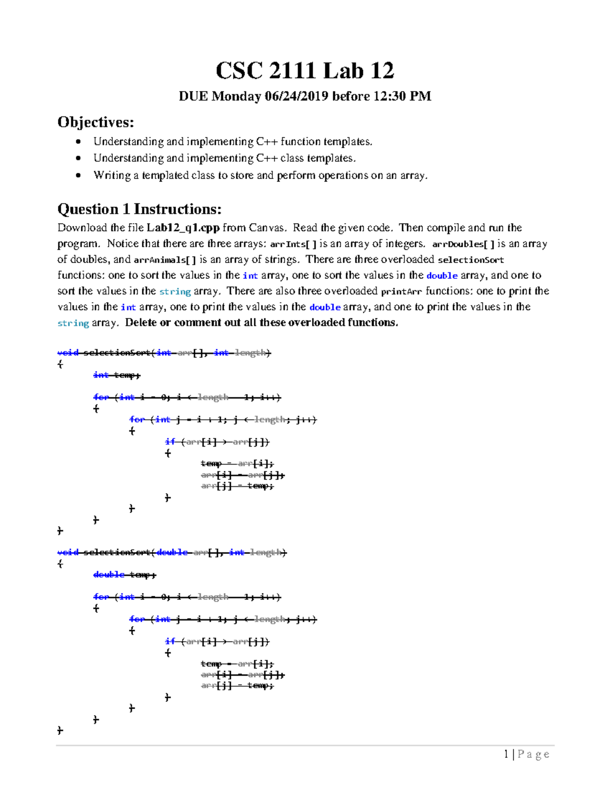 Lab12 Instructions - CSC 2111 Lab 12 DUE Monday 06/24/2019 before 12:30 ...