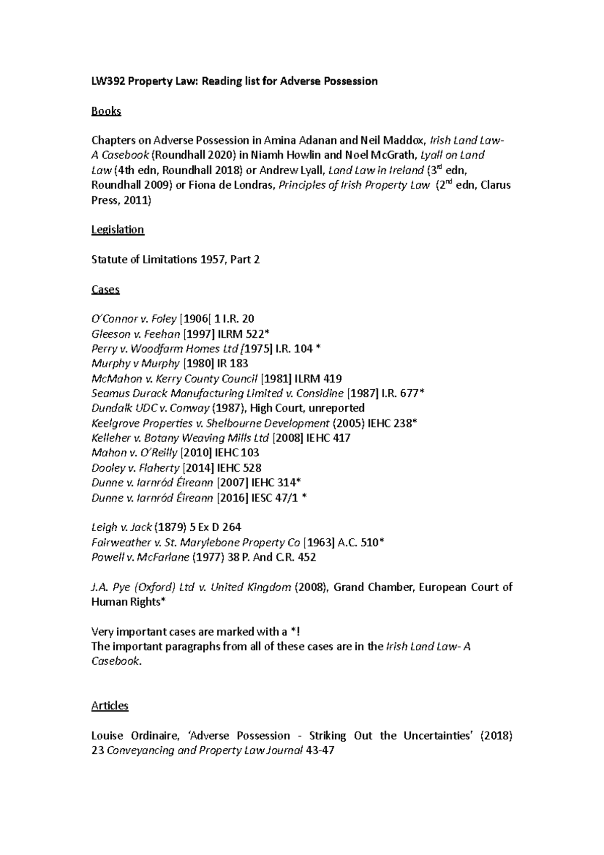 Reading list Adverse Possession - LW392 Property Law: Reading list for ...