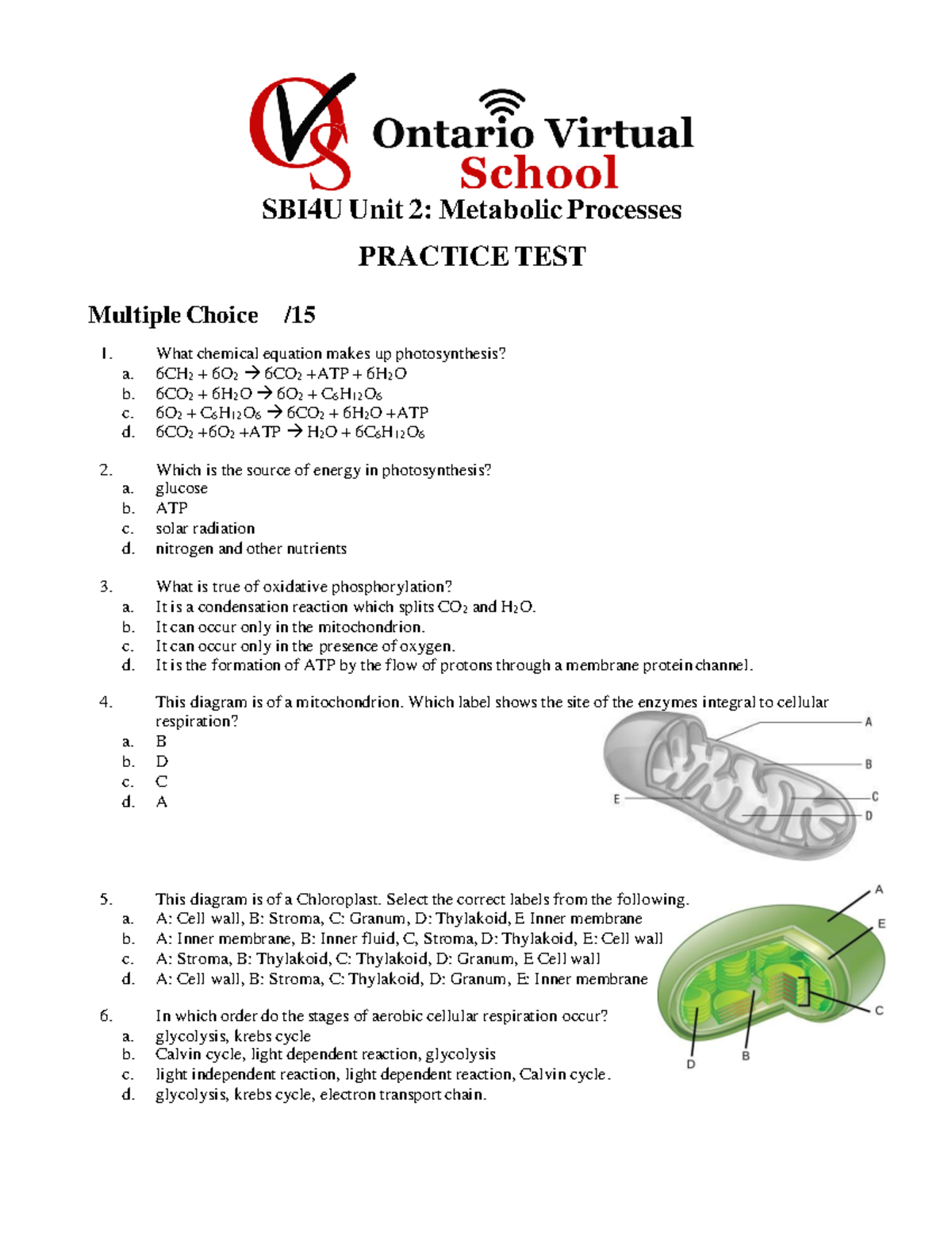 OVS Unit 2 Practice Test - SBI4U Unit 2: Metabolic Processes PRACTICE ...