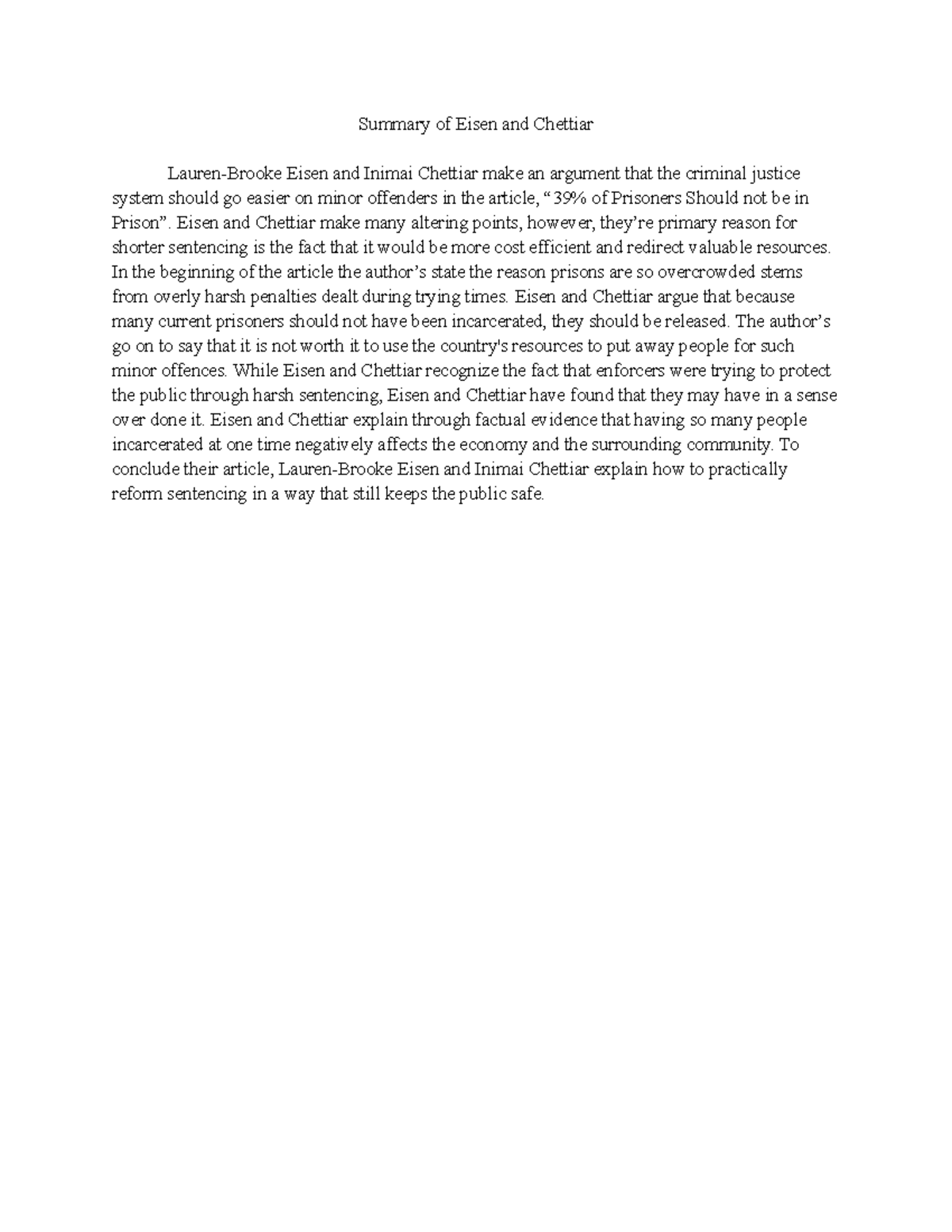 Summary of Eisen and Chettiar - Summary of Eisen and Chettiar Lauren ...