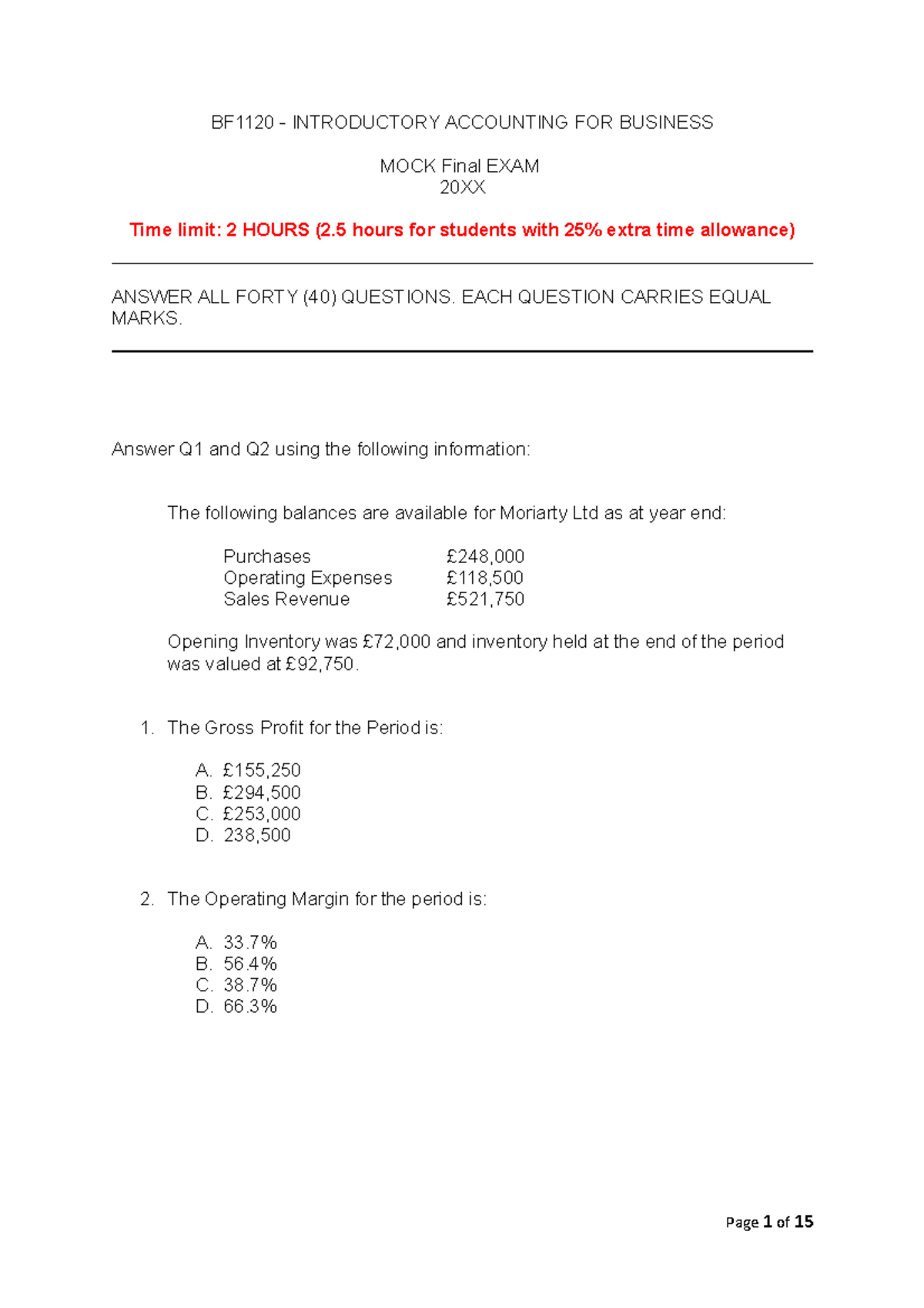 Mock Final Exam Questions - BF1120 - INTRODUCTORY ACCOUNTING FOR ...