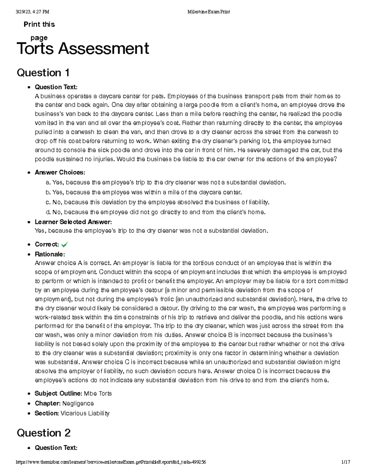 Torts exam - Print this page Torts Assessment Question 1 Question Text ...