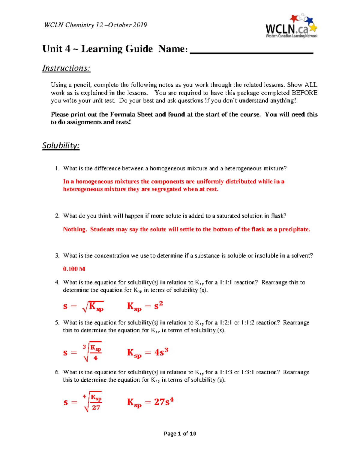 CH12 LG U4 Key - Lecture Notes - Unit 4 ~ Learning Guide Name