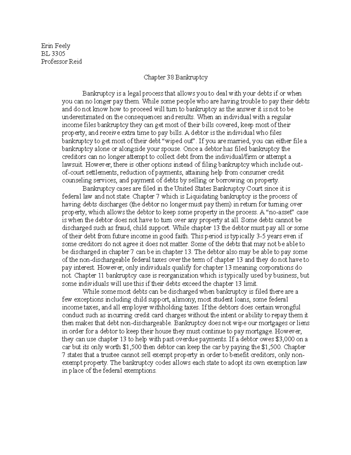 Chapter 38 Bankruptcy - Notes from class - Erin Feely BL 3305 Professor ...