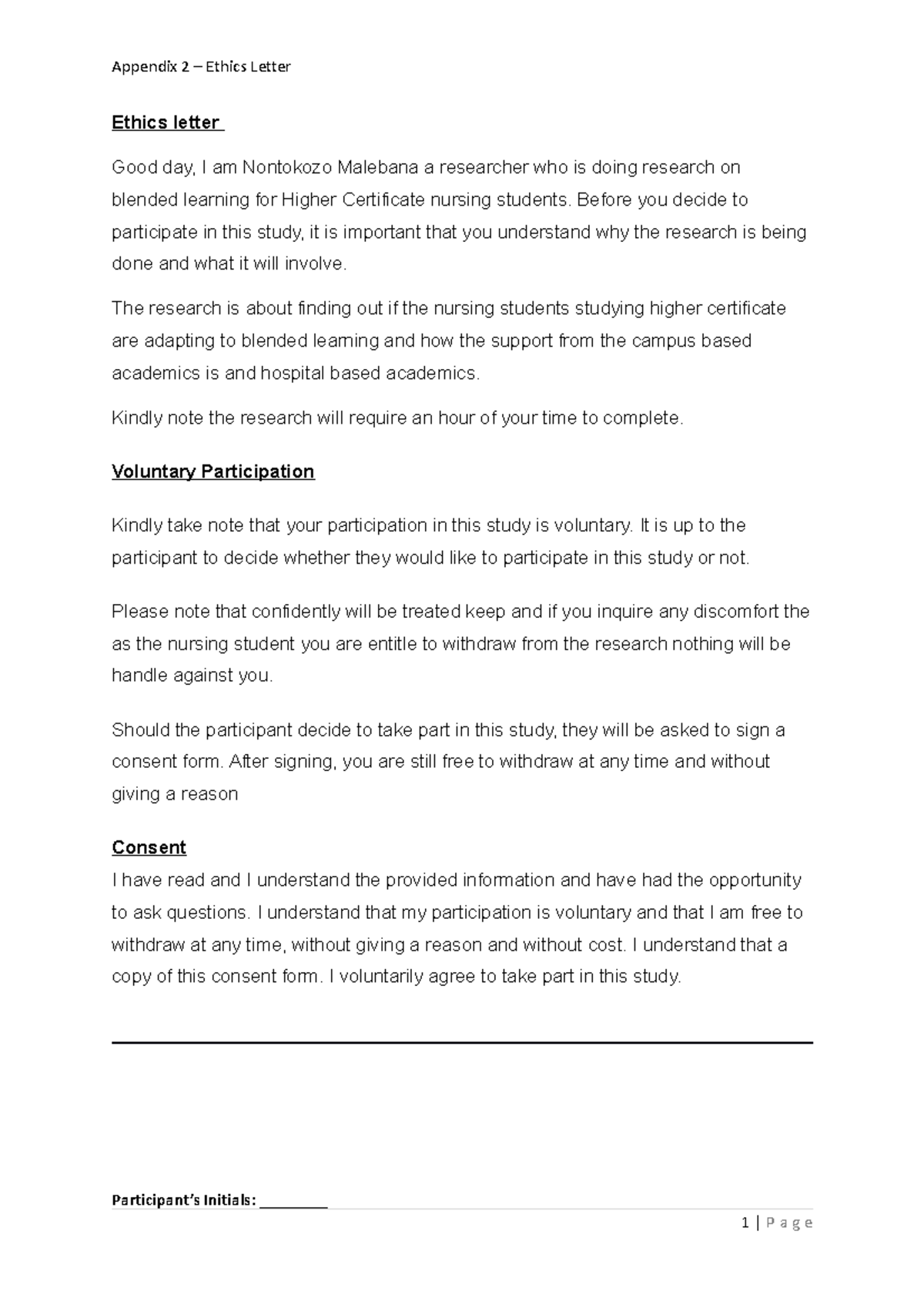 Appendix 2 Ethics letter - Appendix 2 – Ethics Letter Ethics letter ...